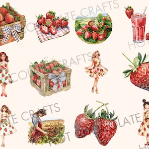 38 Berry Picking Strawberry Watercolor Clipart Sublimation Bundle PNG ...