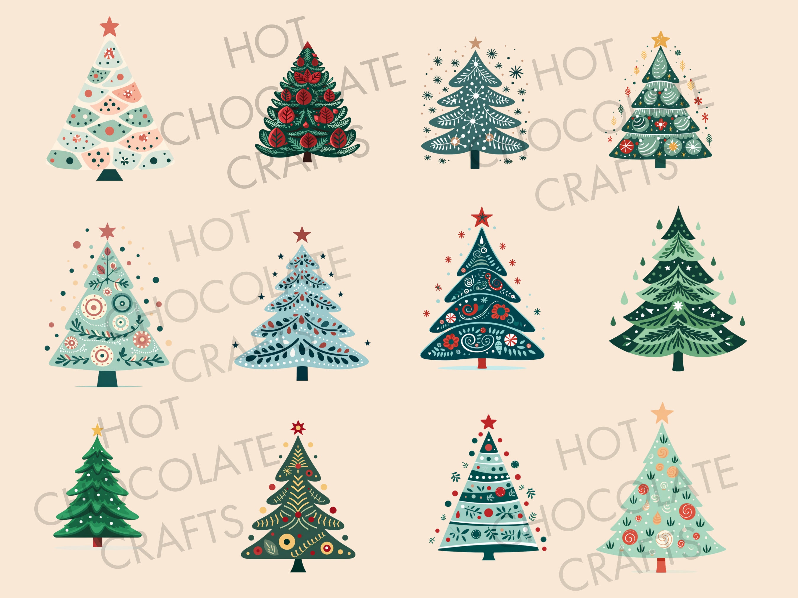 24 Folk Art Christmas Trees Clipart Sublimation Bundle PNG Commercial ...