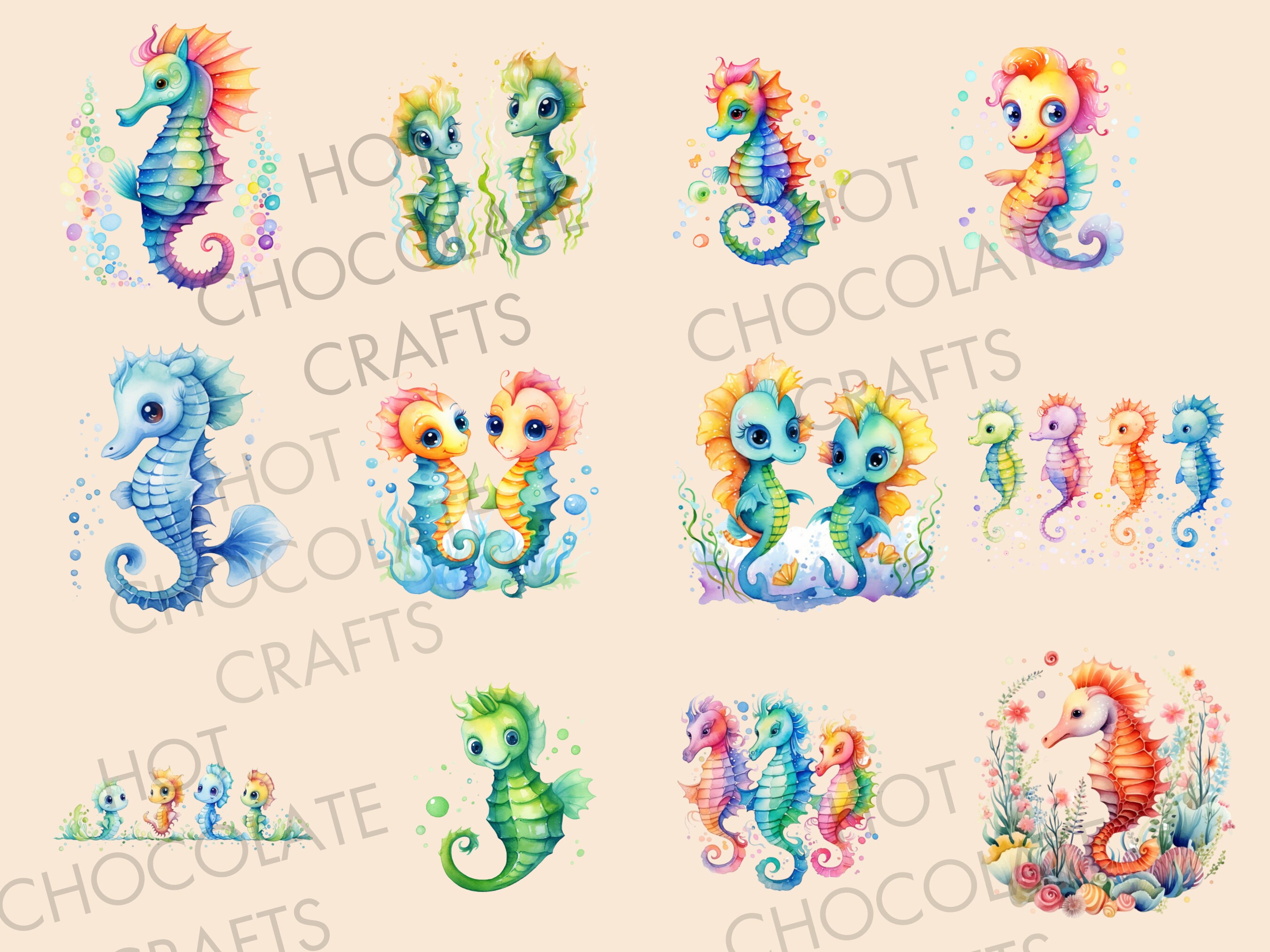 14 Cute Seahorses Watercolor Clipart PNG Sublimation Bundle Commercial ...