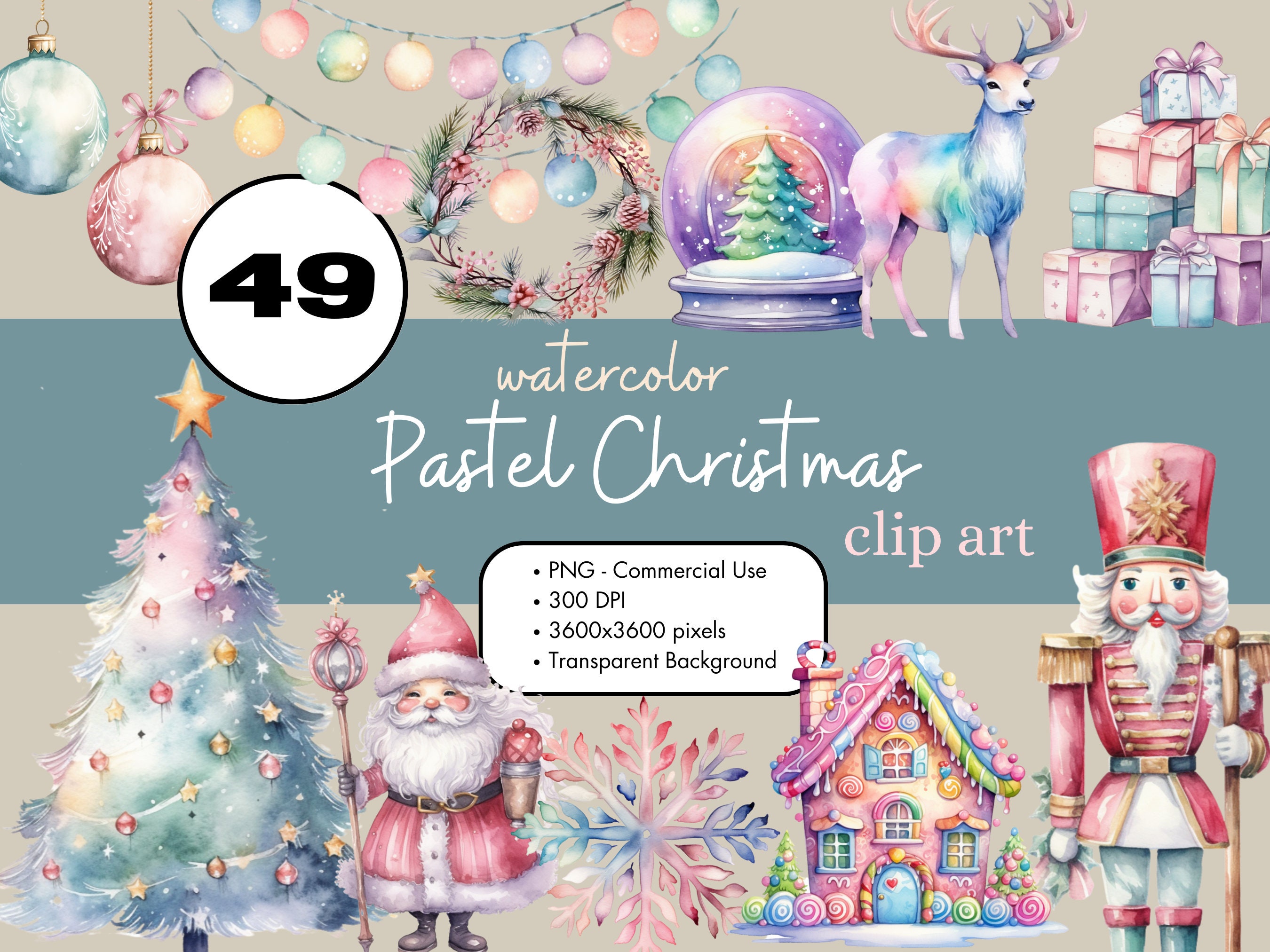 49 Pastel Christmas Watercolor Clipart Sublimation Bundle PNG ...