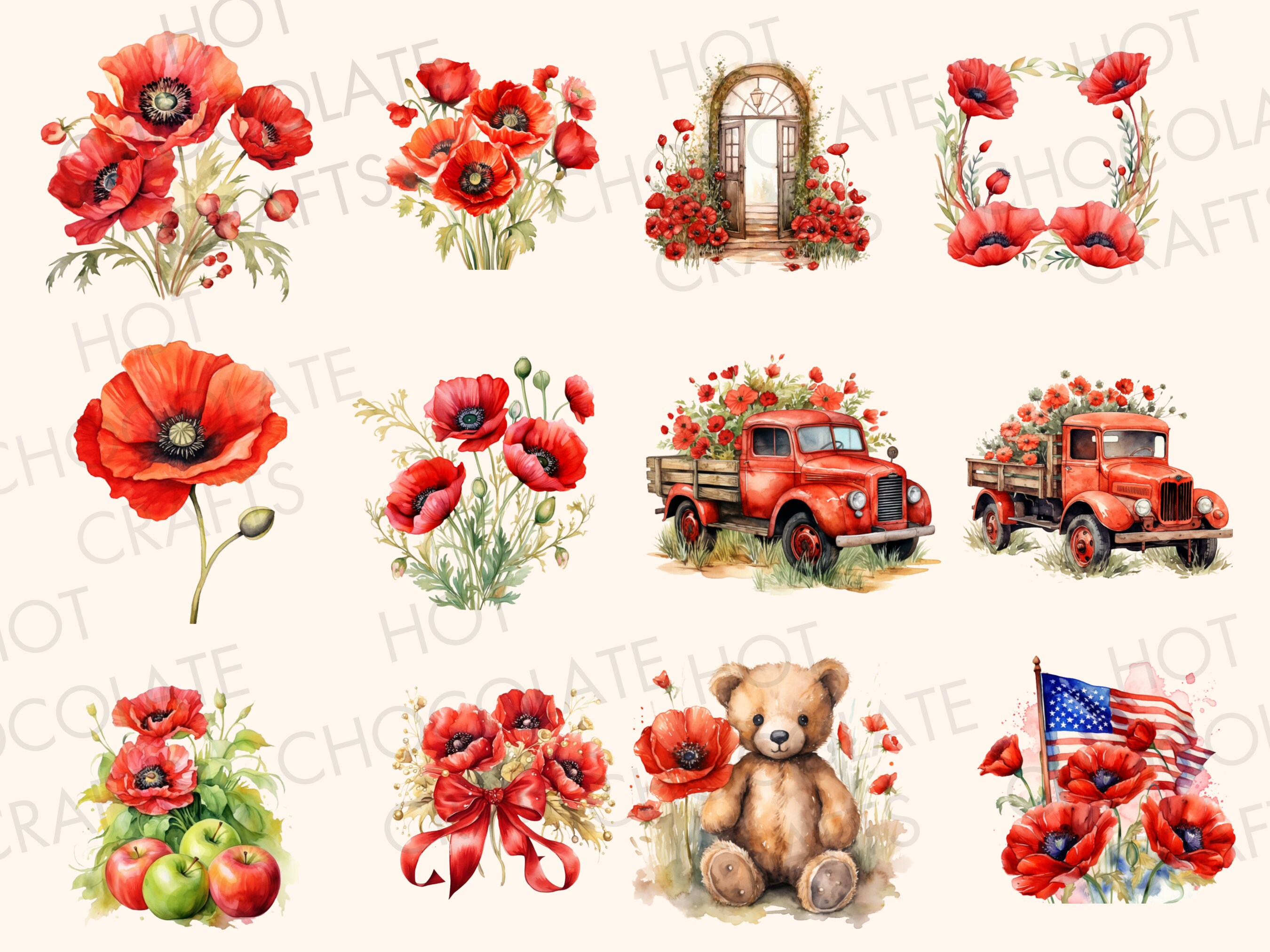 33 Poppies Watercolor Clipart Sublimation Bundle PNG Commercial Use ...