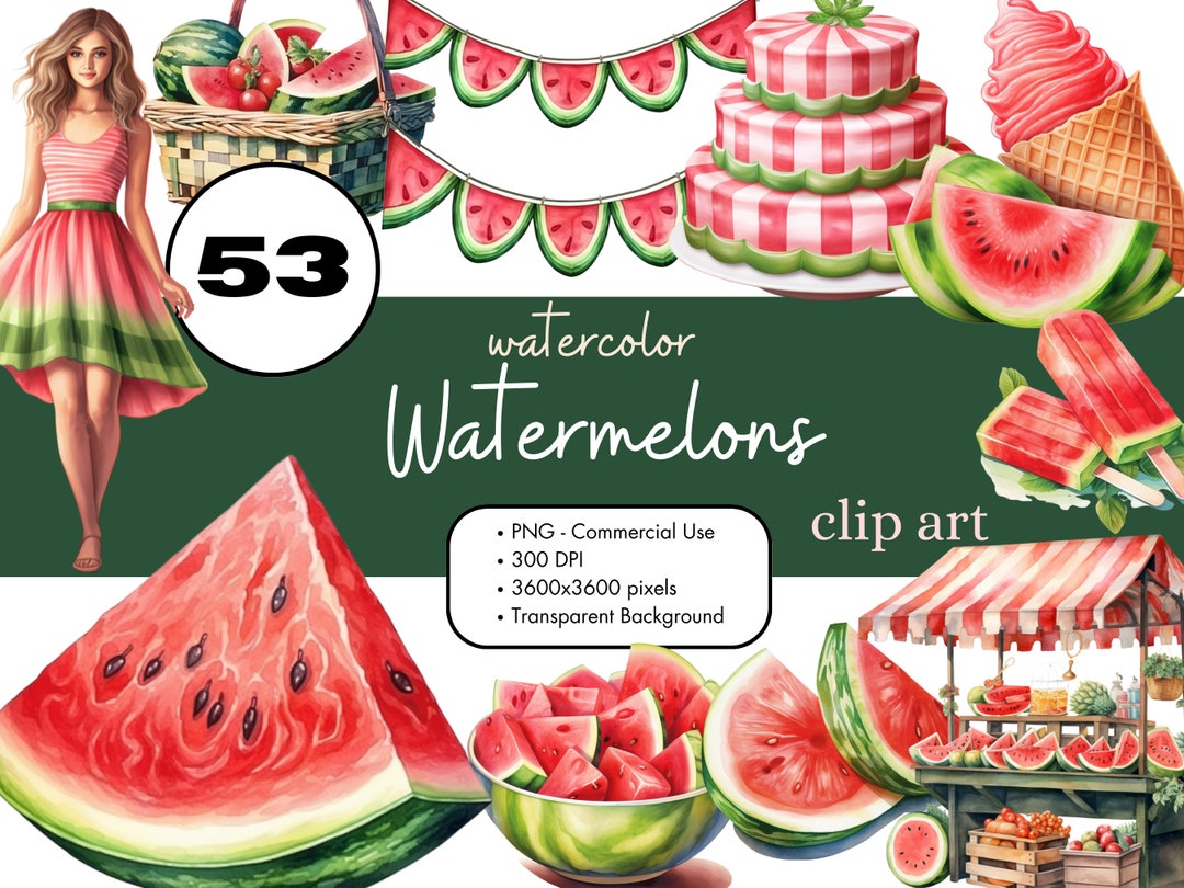 53 Watermelon Watercolor Clipart Sublimation Bundle PNG Commercial Use ...