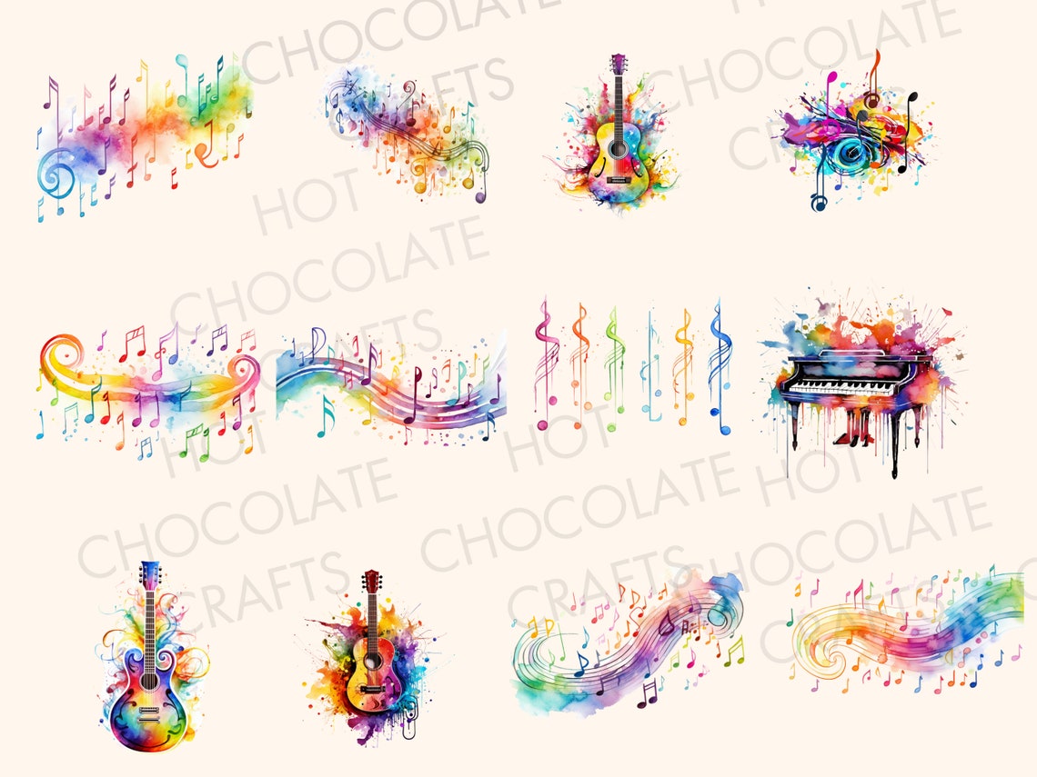 29 Music Notes Watercolor Clipart Sublimation Bundle PNG Commercial Use ...