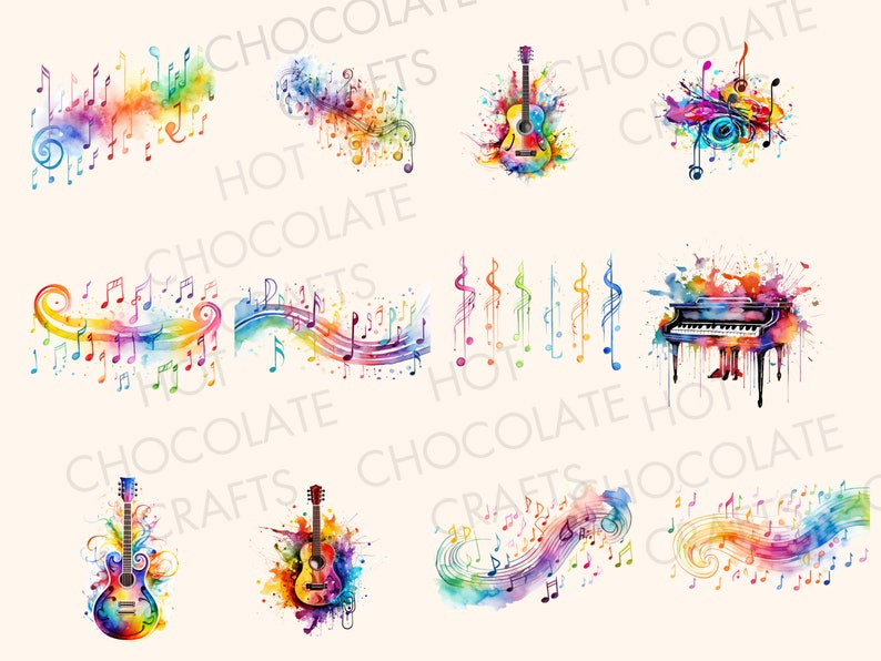 29 Music Notes Watercolor Clipart Sublimation Bundle PNG Commercial Use ...