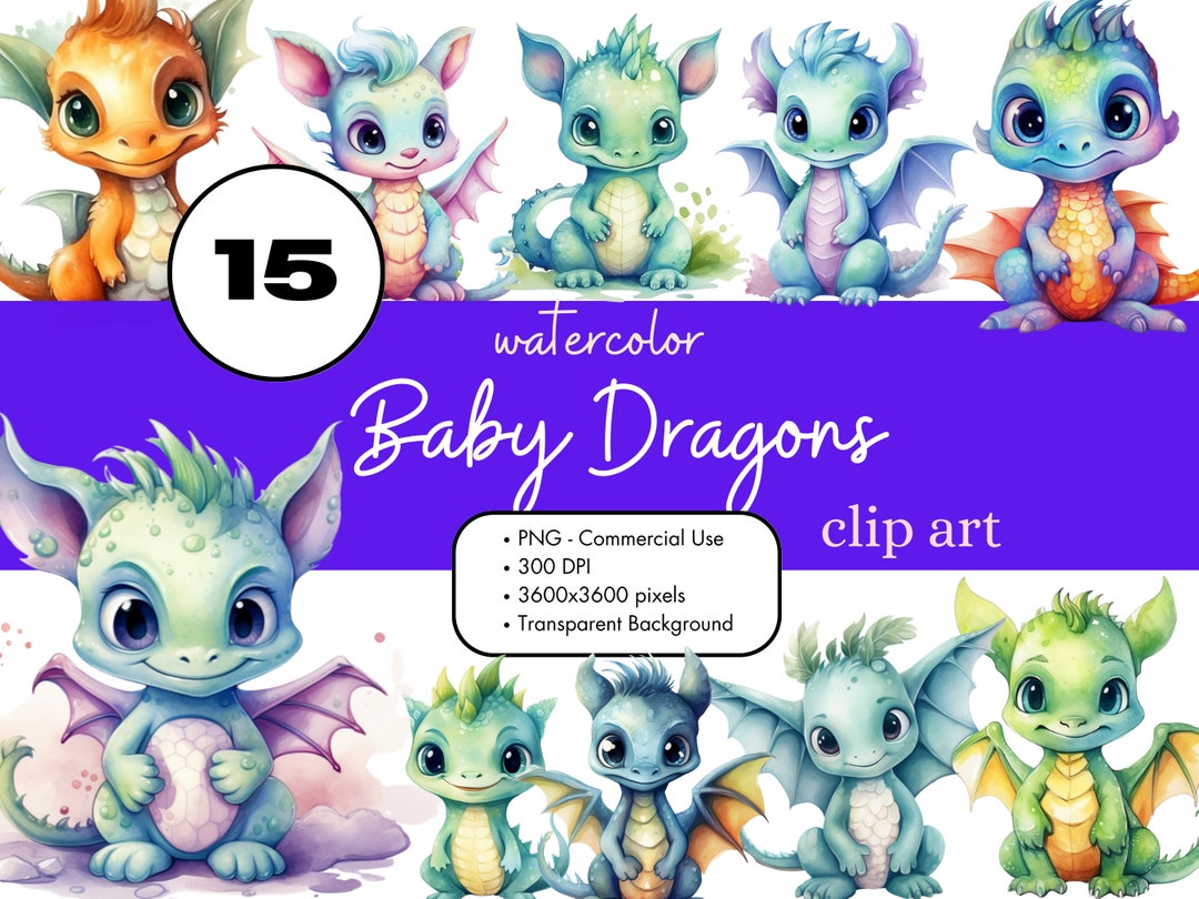 15 Baby Dragons Watercolor Clipart Sublimation Bundle PNG Commercial ...