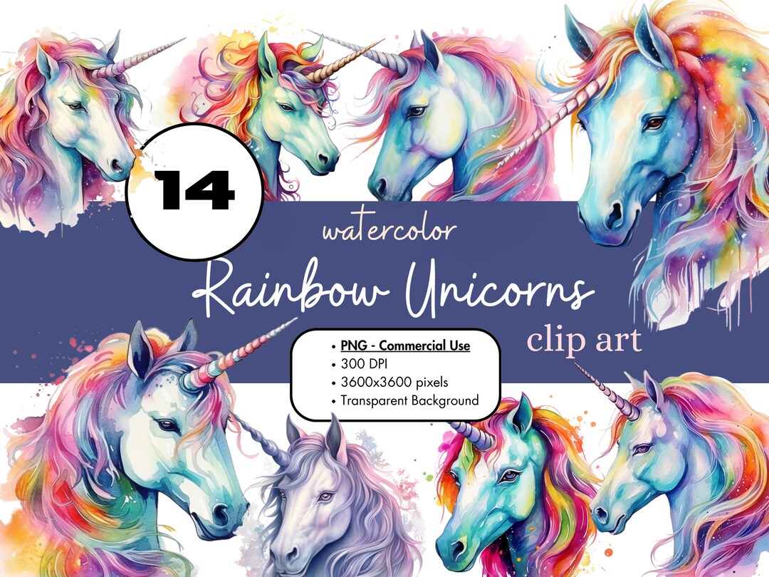 14 Rainbow Unicorn Portraits Watercolor Clipart PNG Sublimation Bundle ...