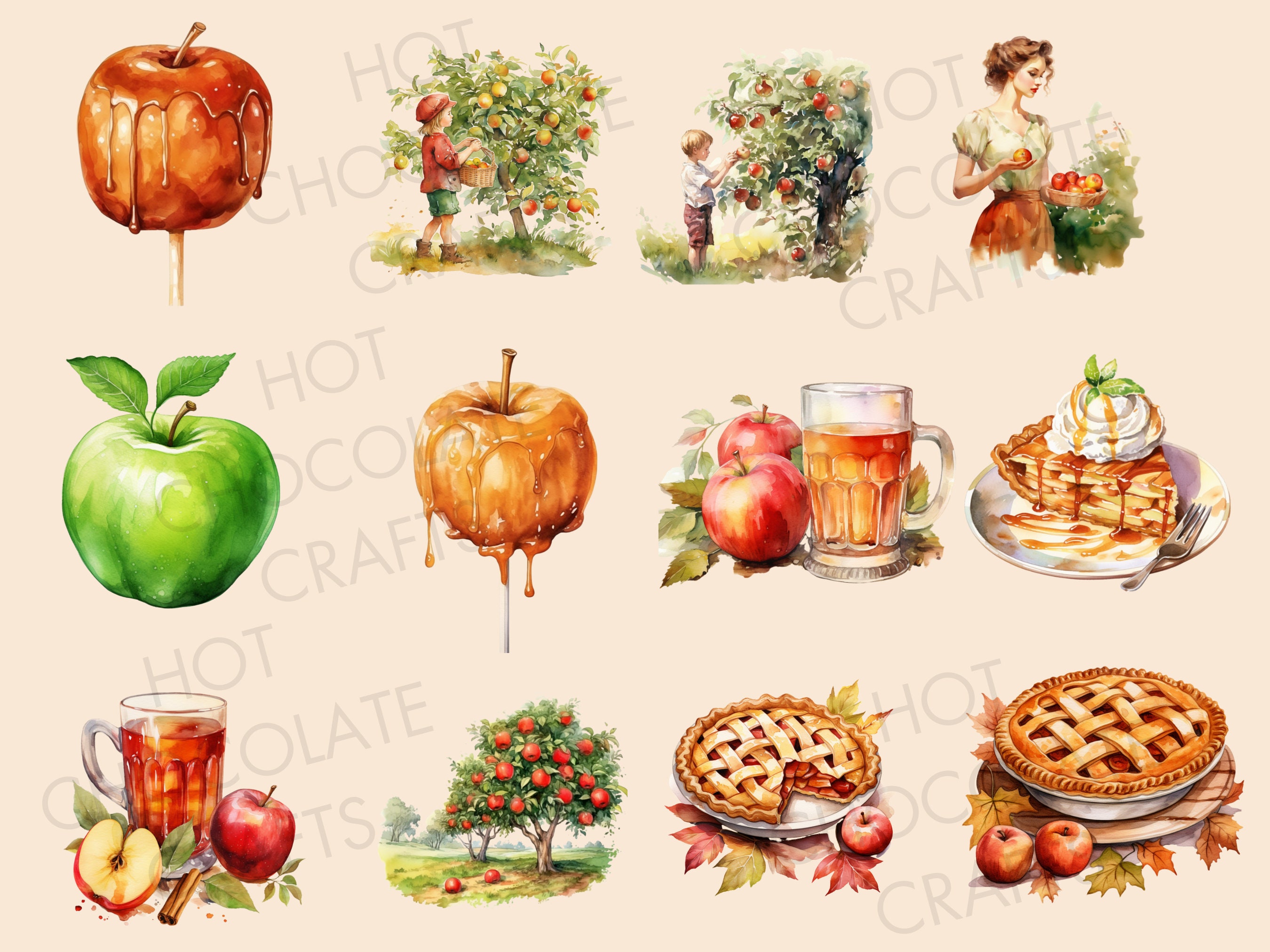 42 Fall Apples Picking Watercolor Clipart Sublimation Bundle PNG ...