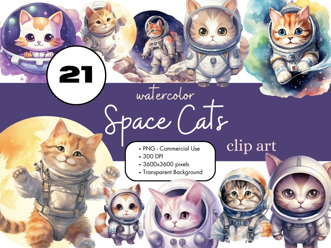21 Space Cats Watercolor Clipart Sublimation Bundle PNG Commercial Use ...