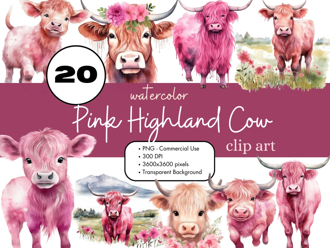 20 Pink Highland Cow Watercolor Clipart Bundle, People Laptop PNG ...