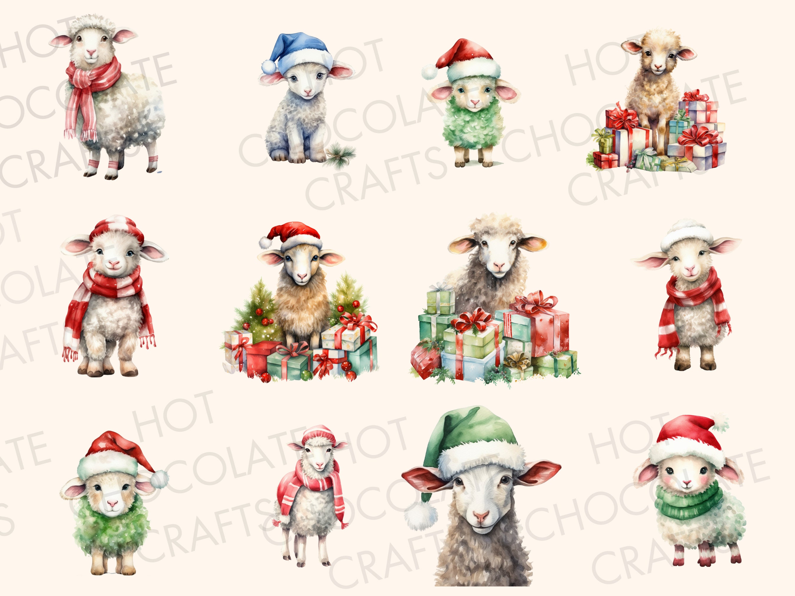 17 Christmas Sheep Clipart Watercolor Sublimation Bundle PNG Commercial ...