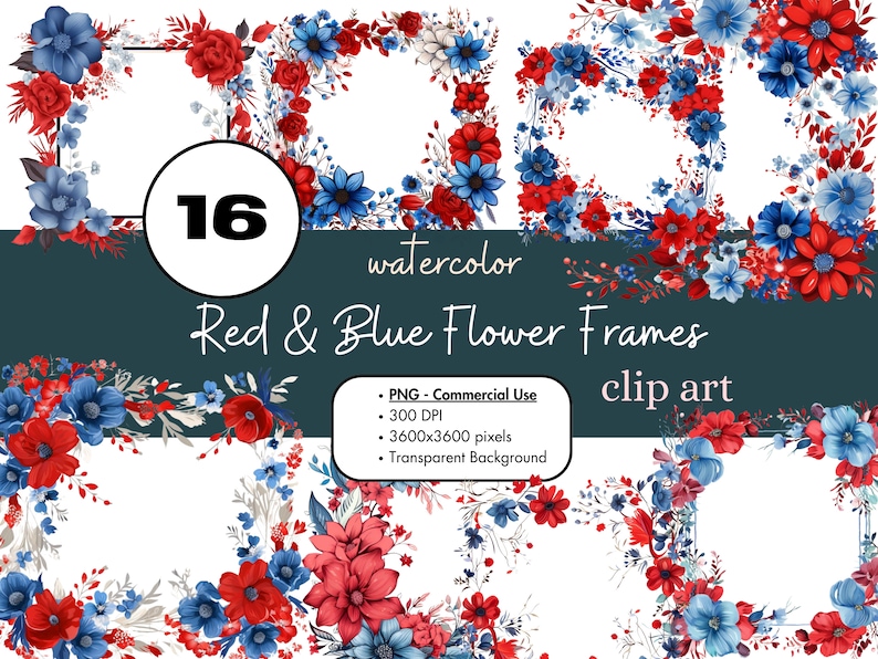 16 Red Blue Flower Borders Frames Watercolor Clipart Sublimation Bundle ...