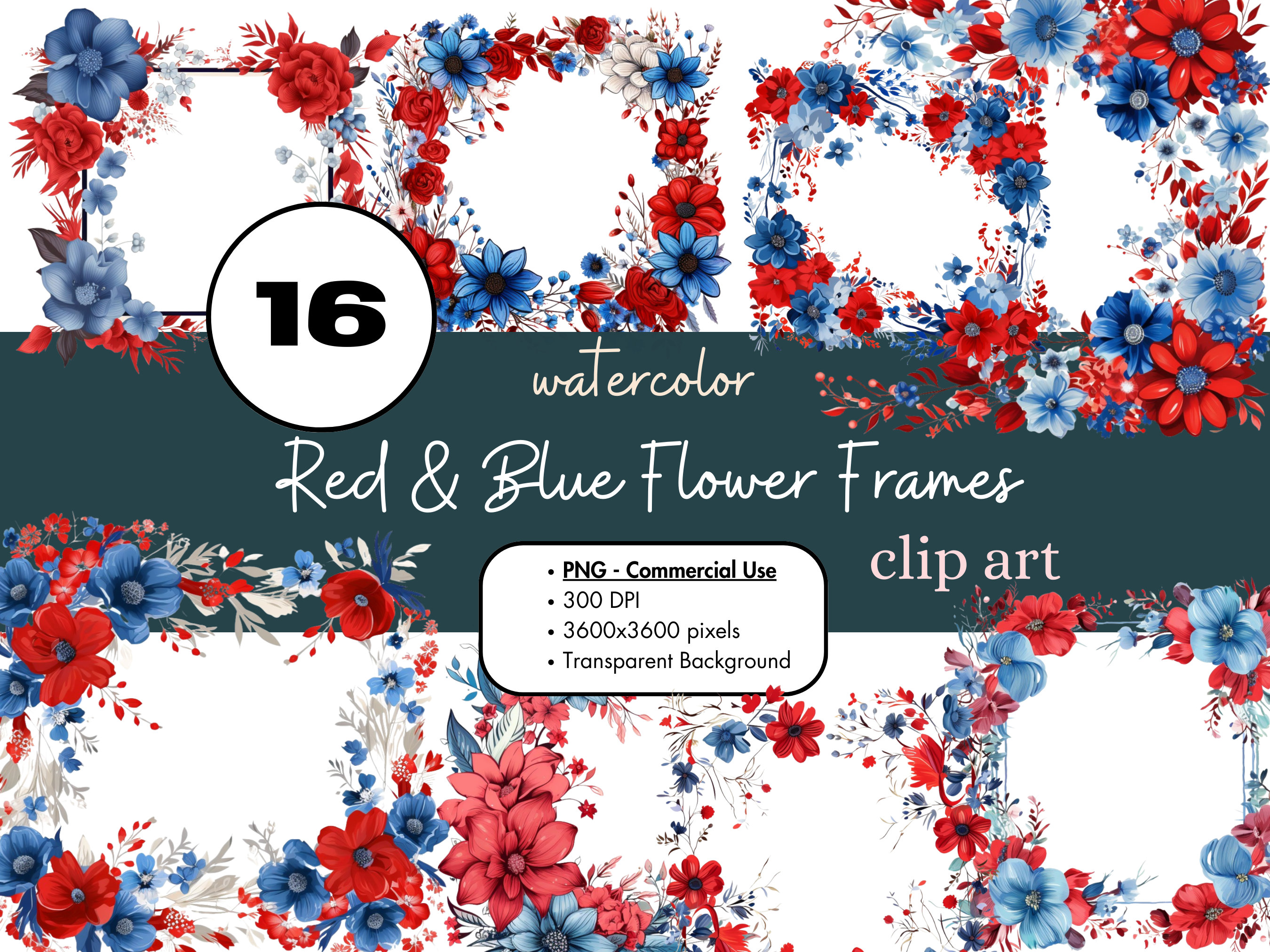 16 Red Blue Flower Borders Frames Watercolor Clipart Sublimation Bundle ...