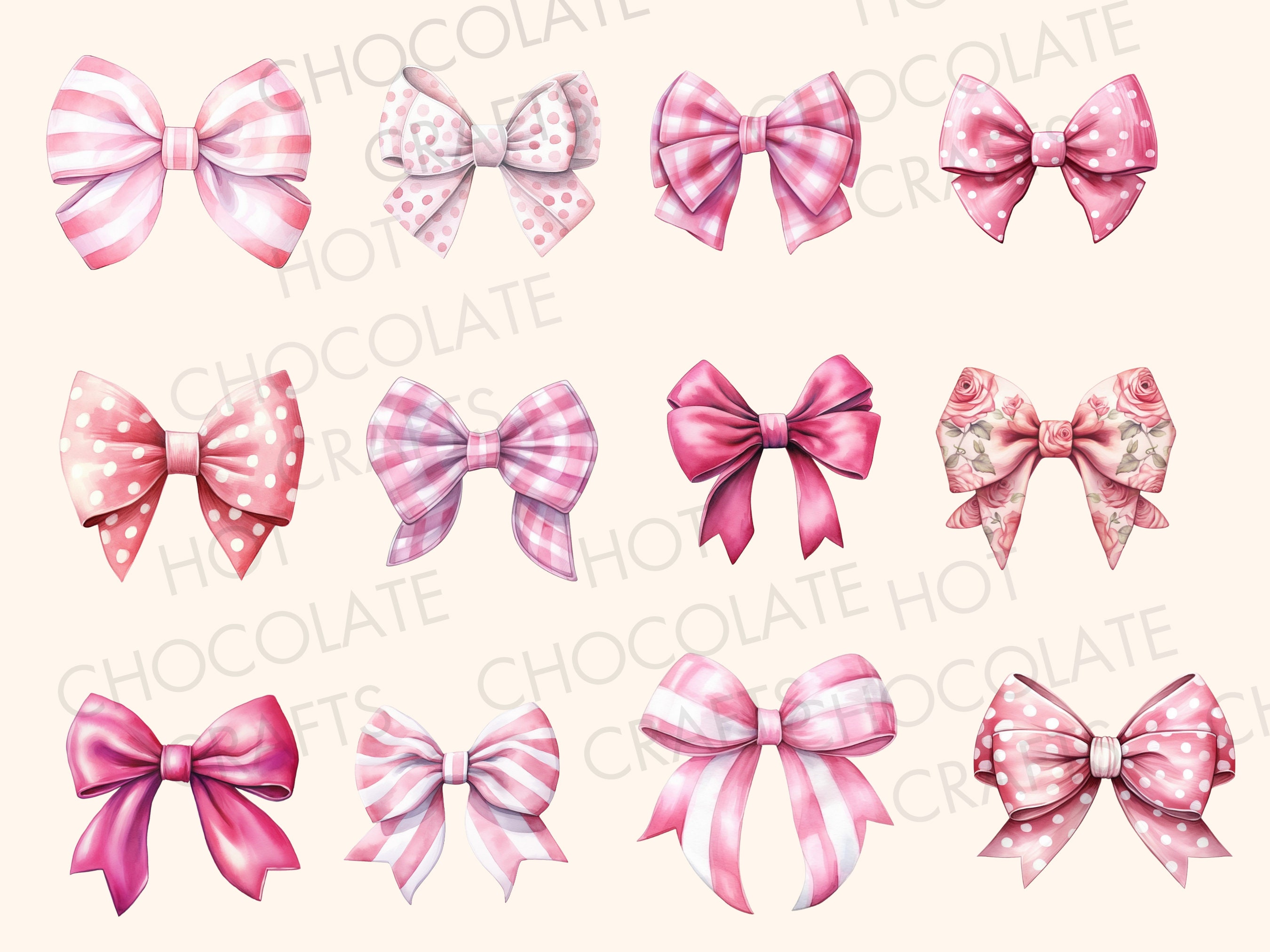 22 Pink Bows Watercolor Clipart Sublimation Bundle PNG Commercial Use ...