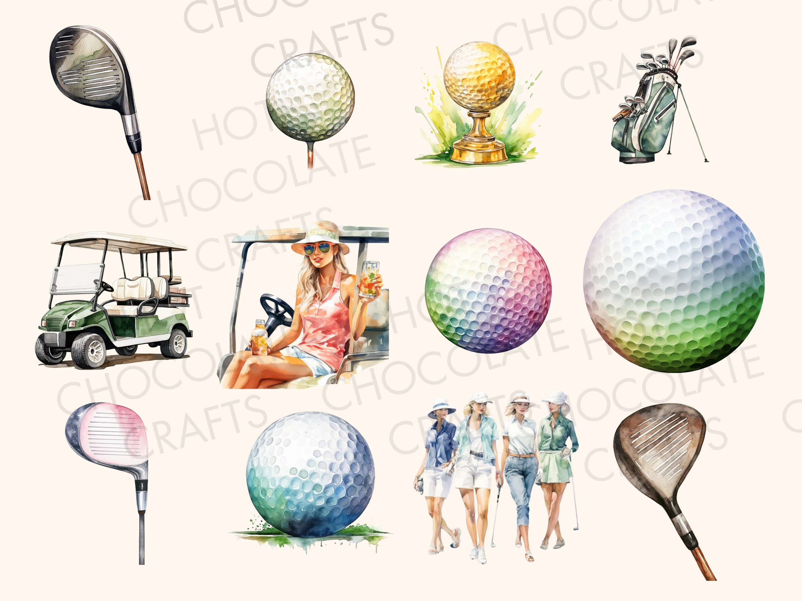 50 Golf Watercolor Clipart PNG Sublimation Bundle Commercial Use ...