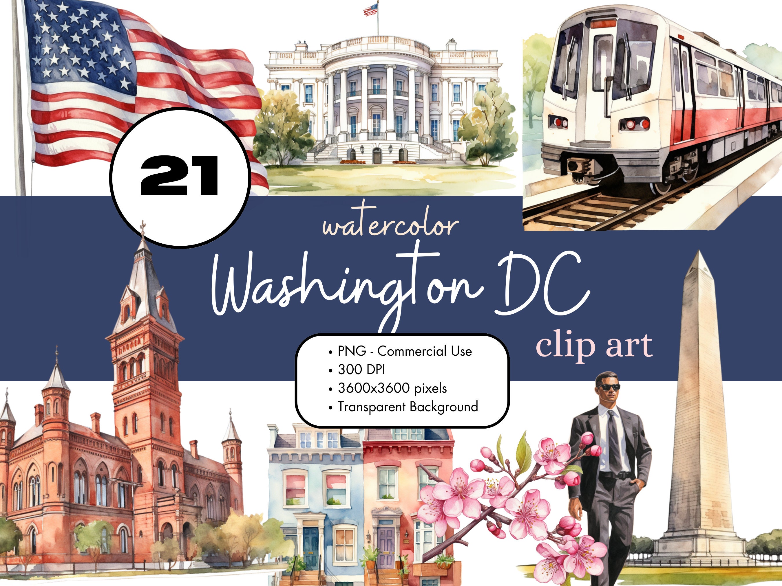 21 Washington DC Travel Watercolor Clipart Sublimation Design Elements ...