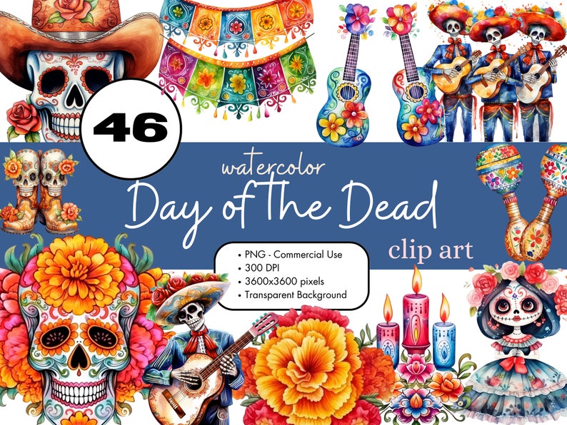 46 Day of the Dead Watercolor Clipart Sublimation Bundle PNG Commercial ...