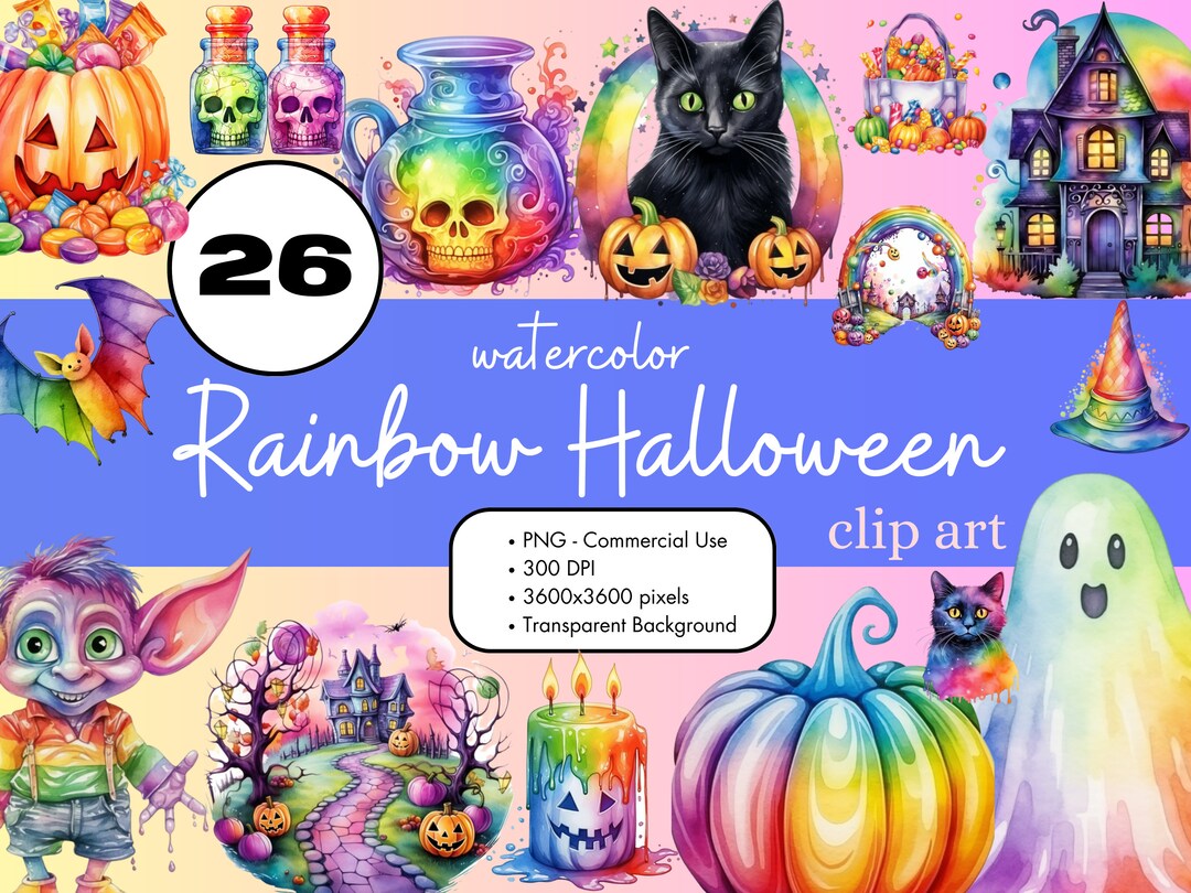 26 Rainbow Halloween Watercolor Clipart Sublimation Bundle PNG ...