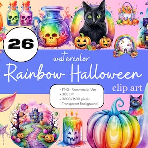 26 Rainbow Halloween Watercolor Clipart Sublimation Bundle PNG ...