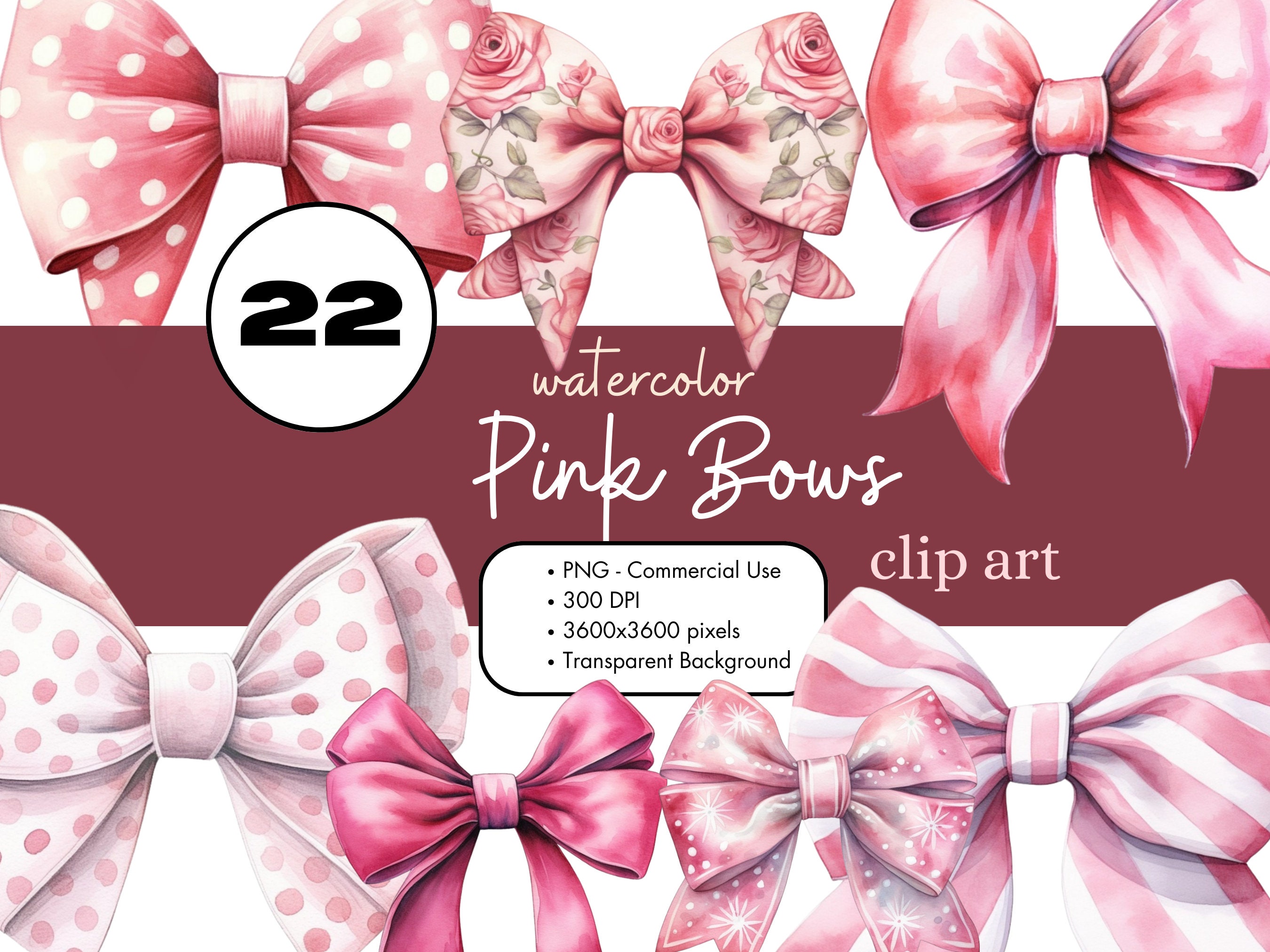 22 Pink Bows Watercolor Clipart Sublimation Bundle PNG Commercial Use ...