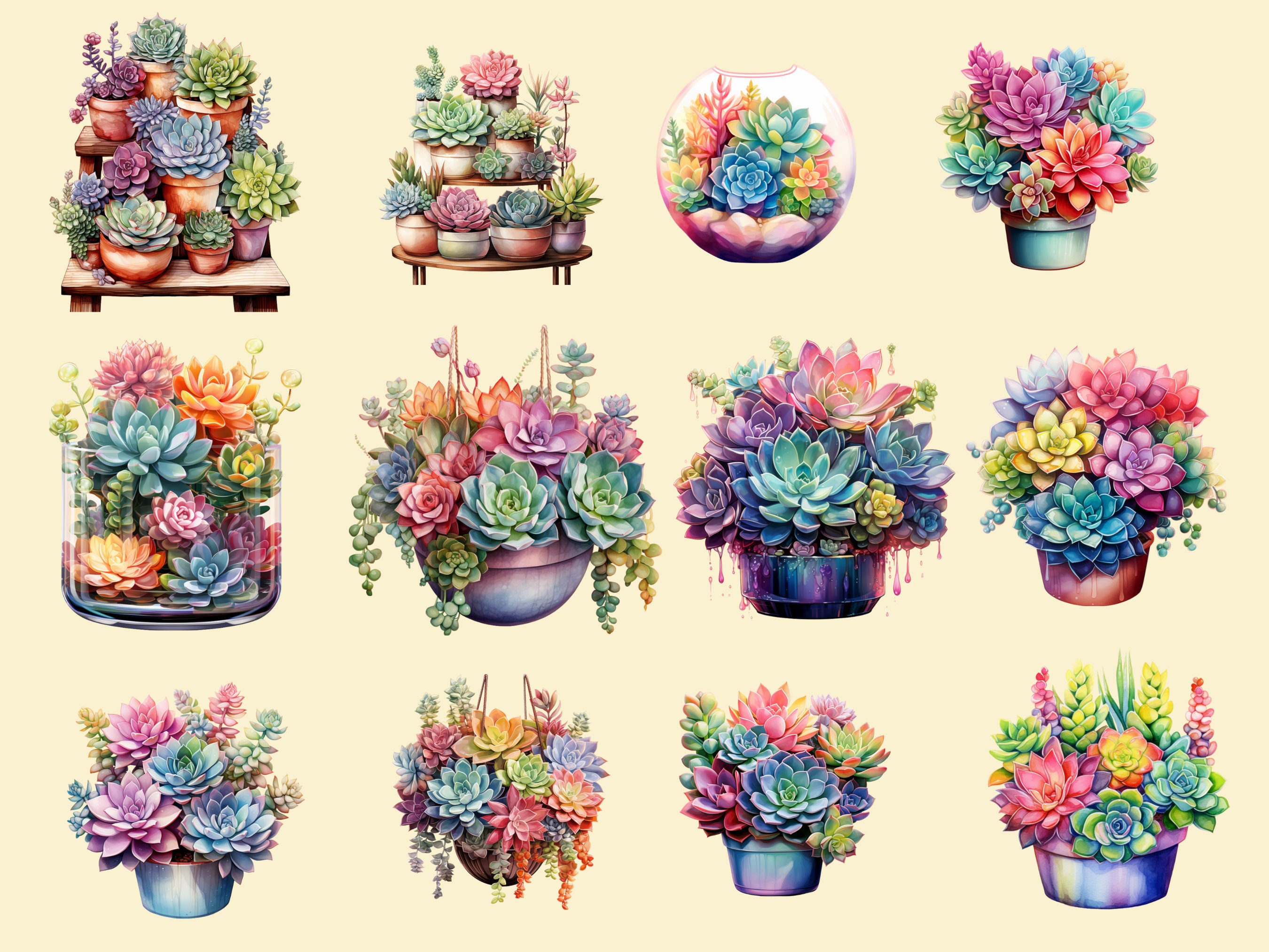 20 Rainbow Succulents Cactus Plants Watercolor Clipart - Etsy