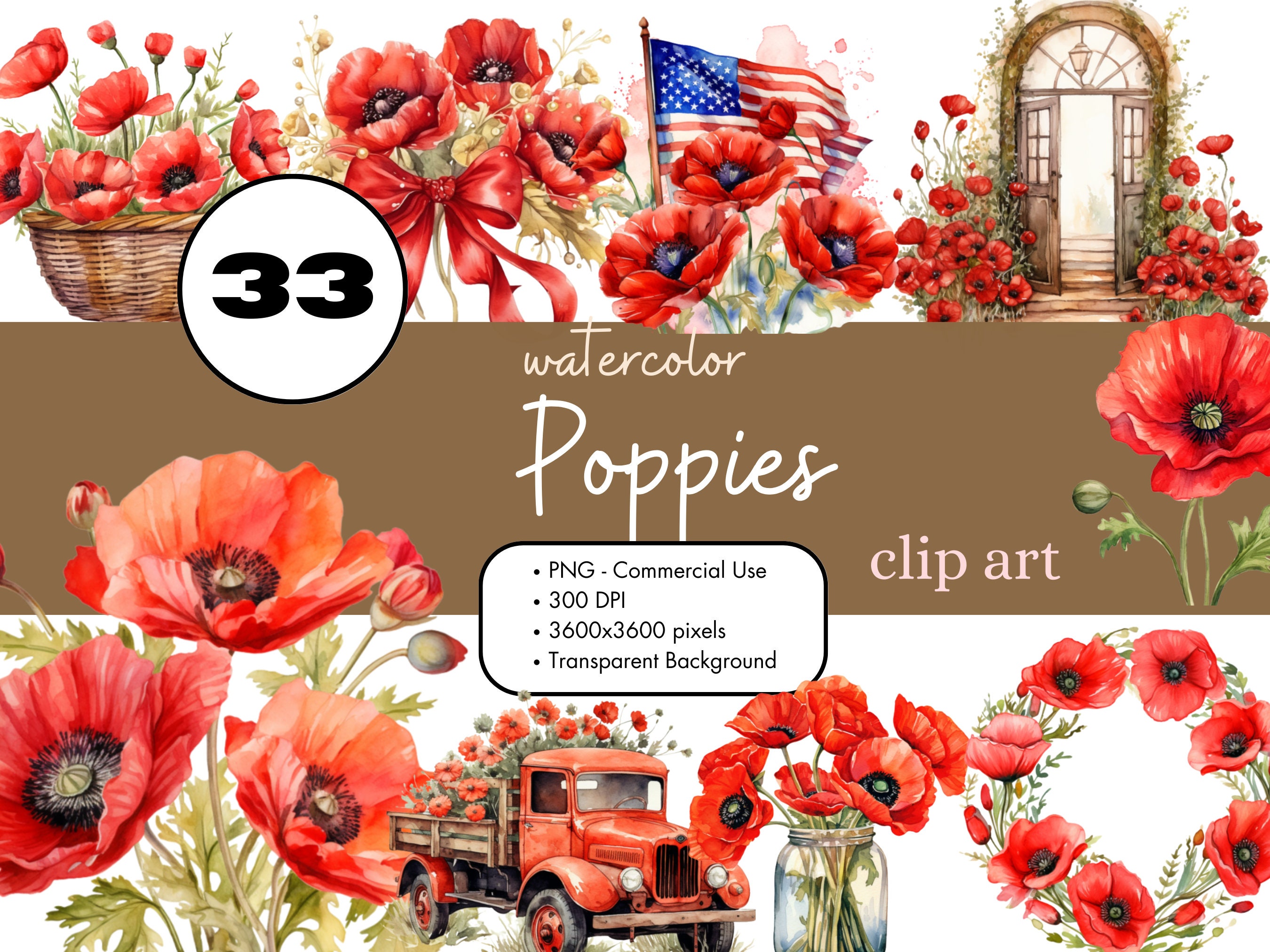 33 Poppies Watercolor Clipart Sublimation Bundle PNG Commercial Use ...