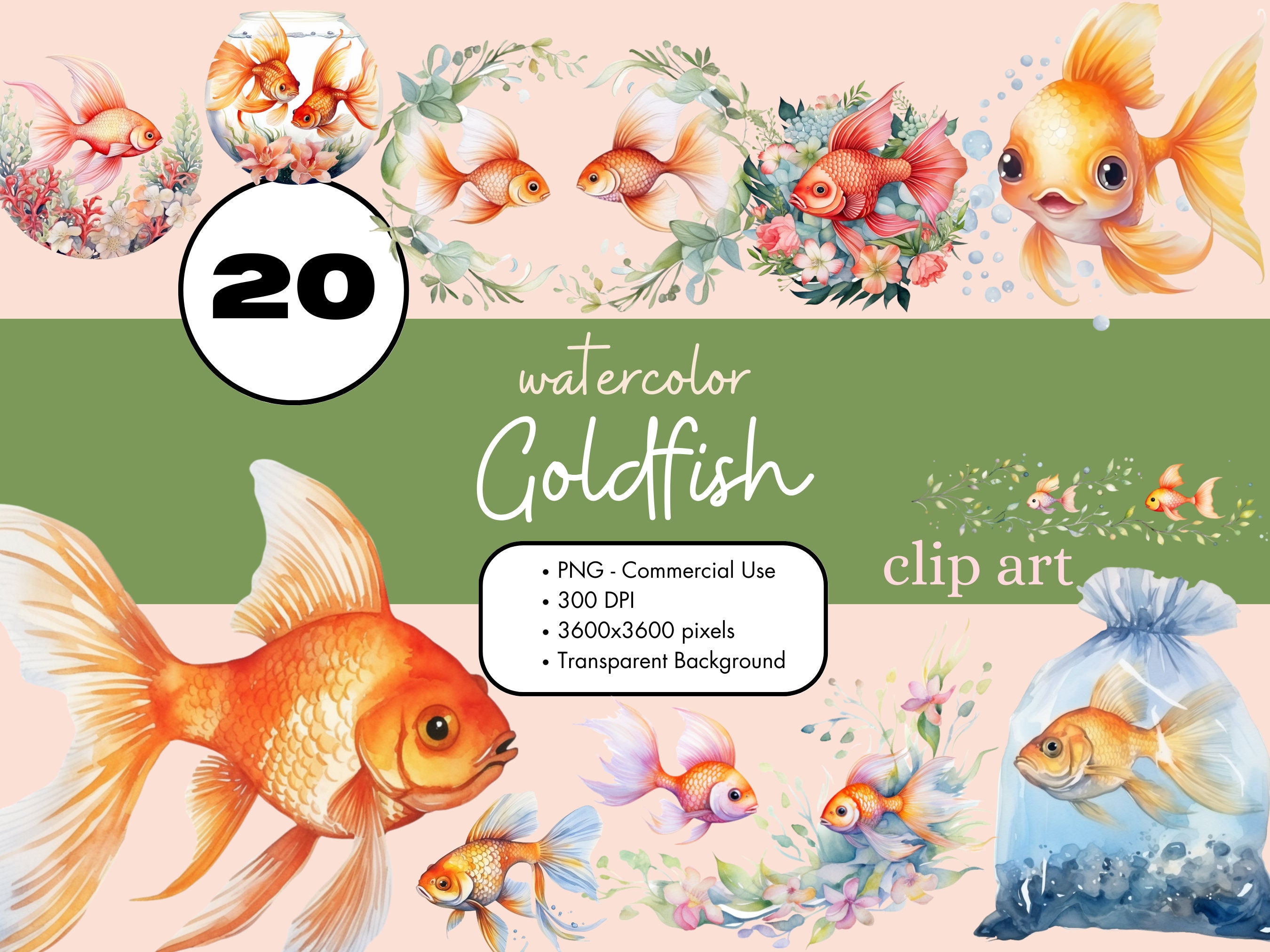 20 Goldfish Watercolor Clipart PNG Sublimation Bundle Commercial Use ...