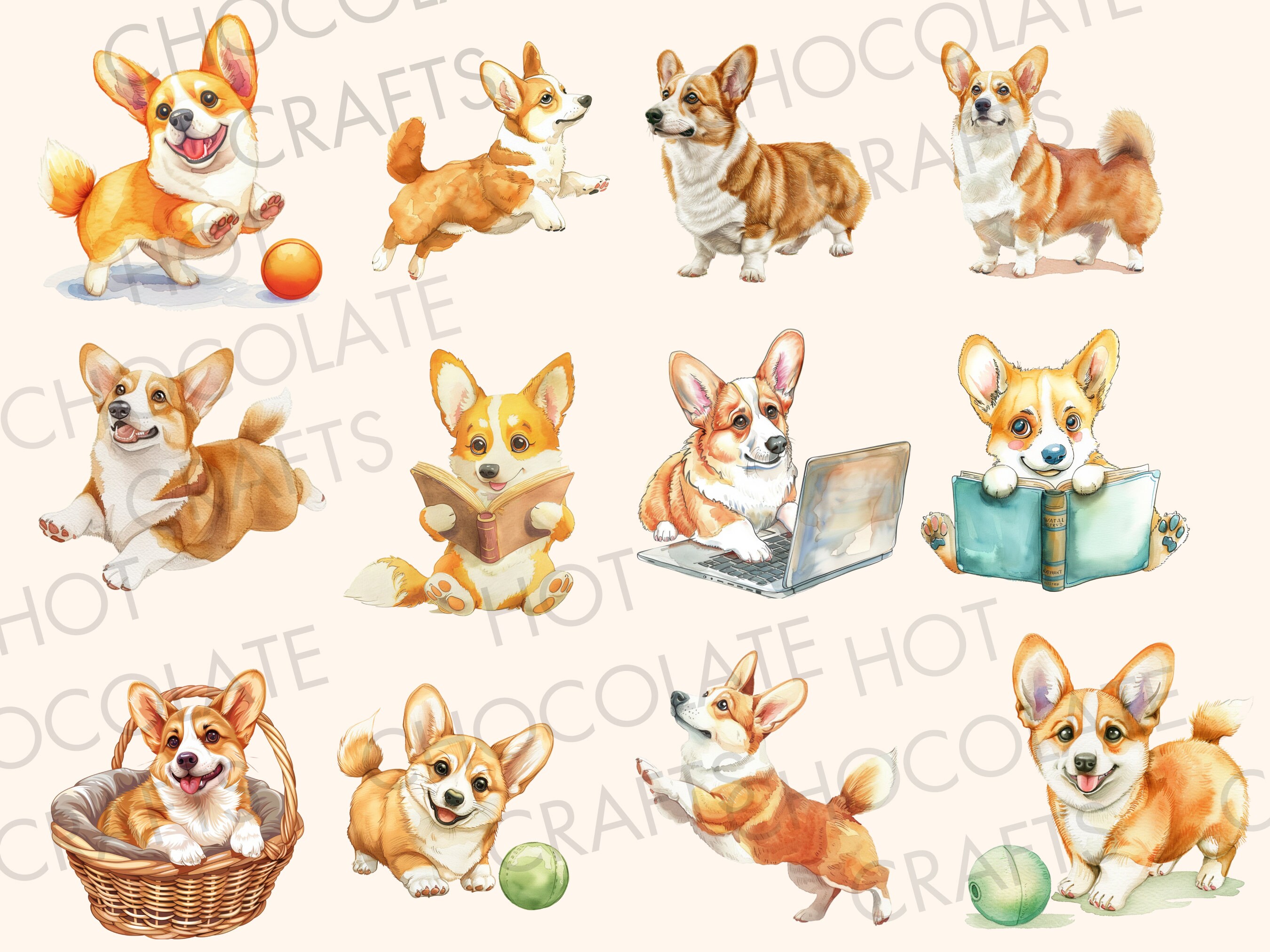 20 Corgi Watercolor Clipart PNG Sublimation Bundle Commercial Use ...
