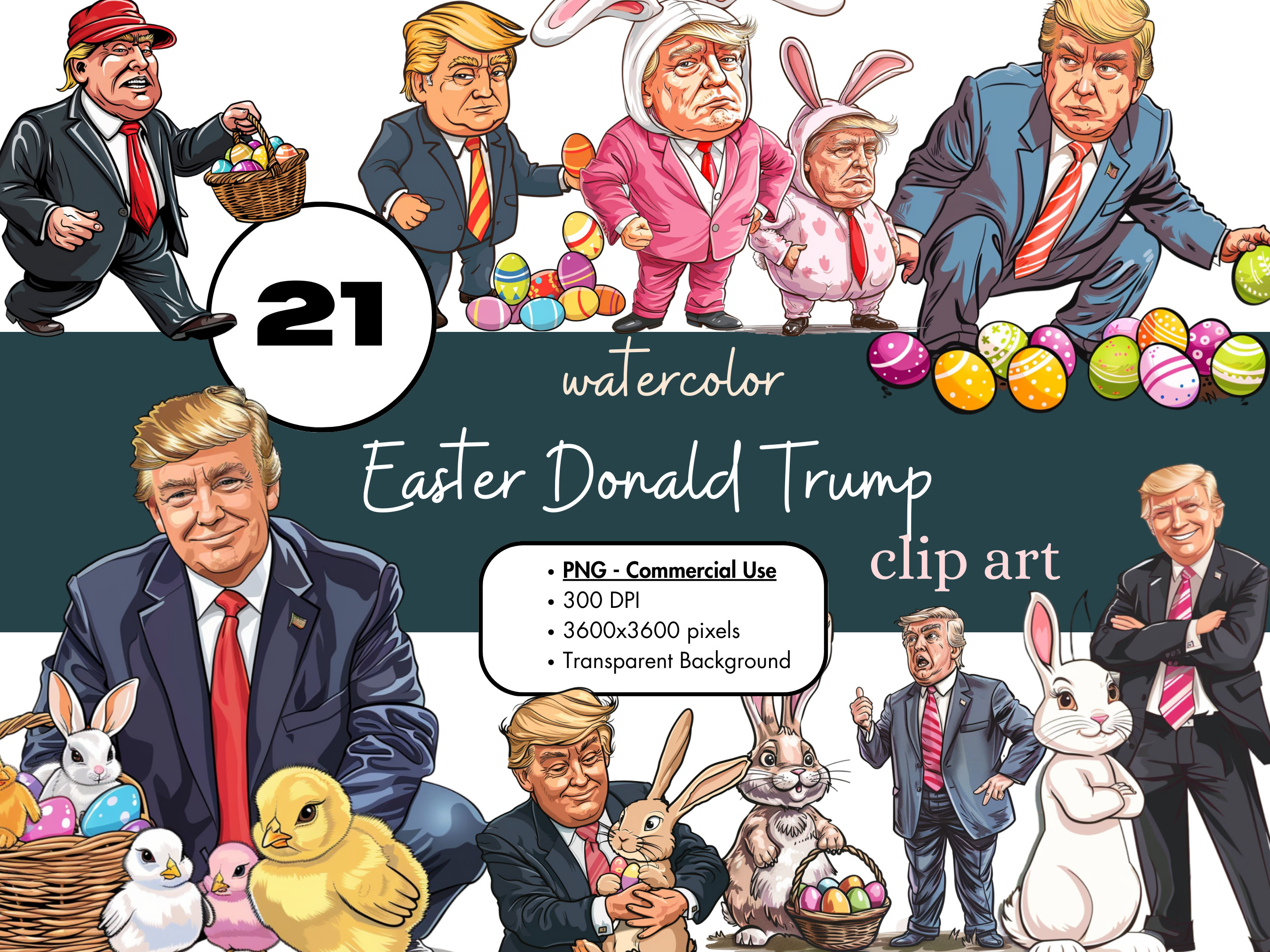 21 Easter Donald Trump Watercolor Clipart Bundle, PNG Sublimation ...