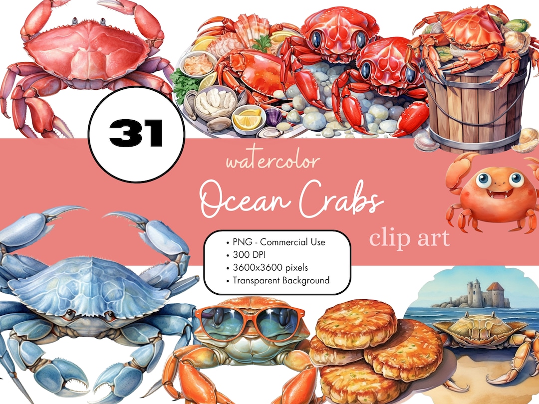 31 Crabs Watercolor Clipart PNG Sublimation Bundle Commercial Use ...