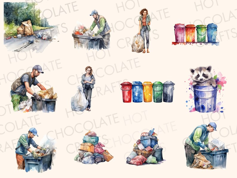 36 Garbage Trash Watercolor Clipart PNG Sublimation Bundle Commercial ...