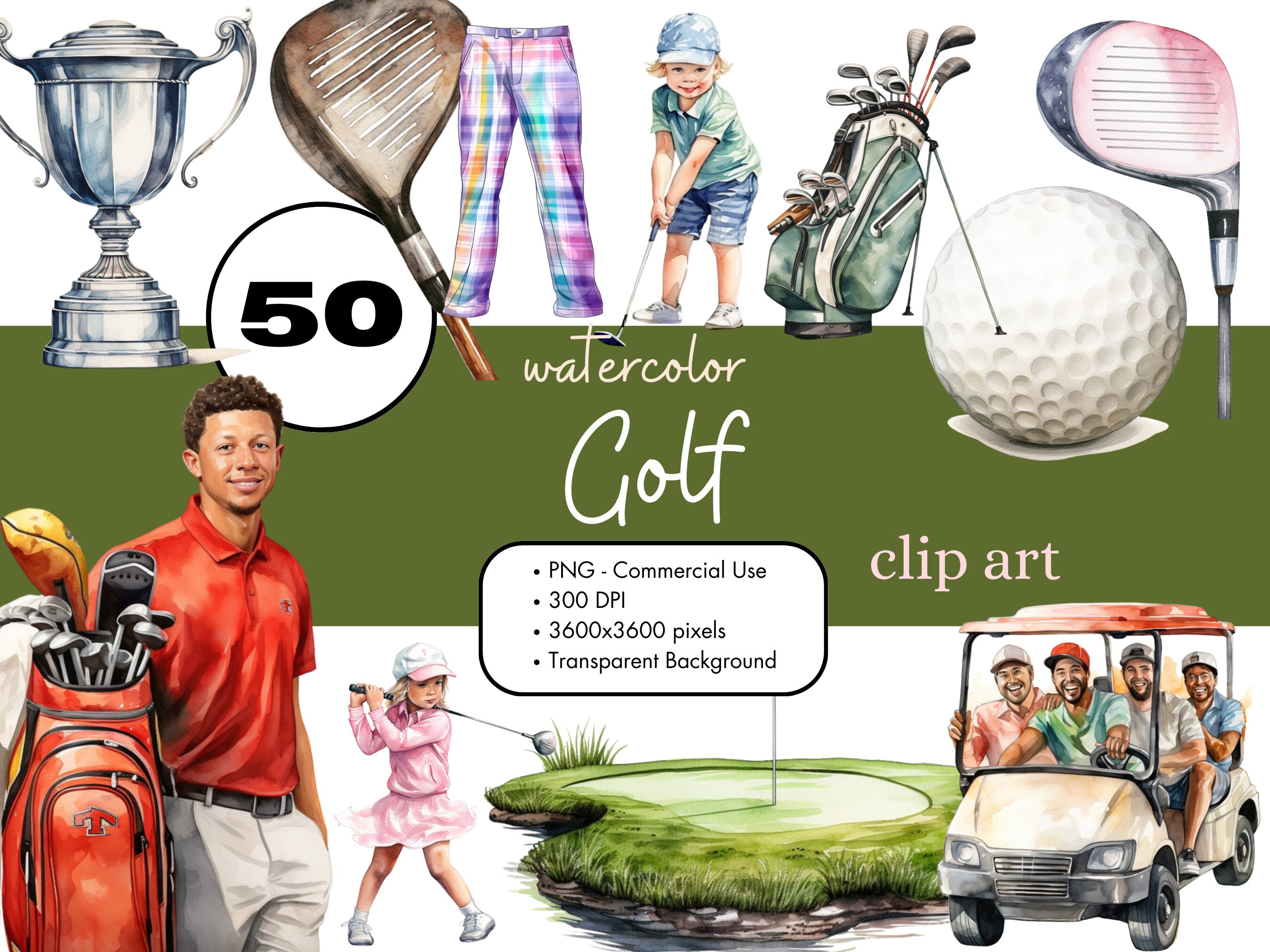 50 Golf Watercolor Clipart PNG Sublimation Bundle Commercial Use ...