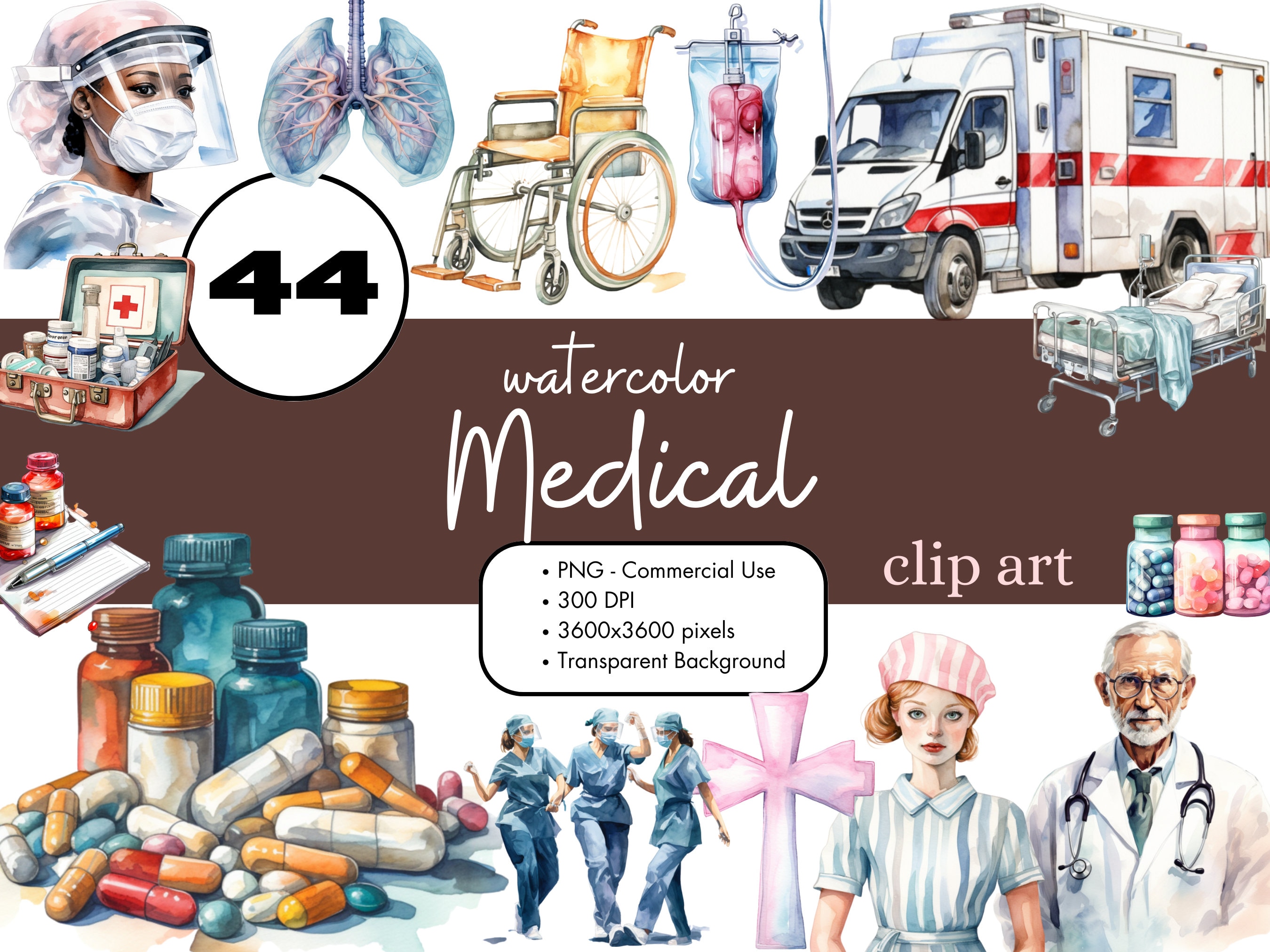 44 Medical Watercolor Clipart PNG Sublimation Bundle Commercial Use ...