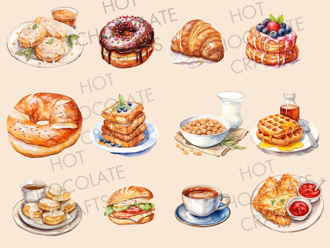 37 Breakfast Food Watercolor Clipart PNG Sublimation Bundle Commercial ...