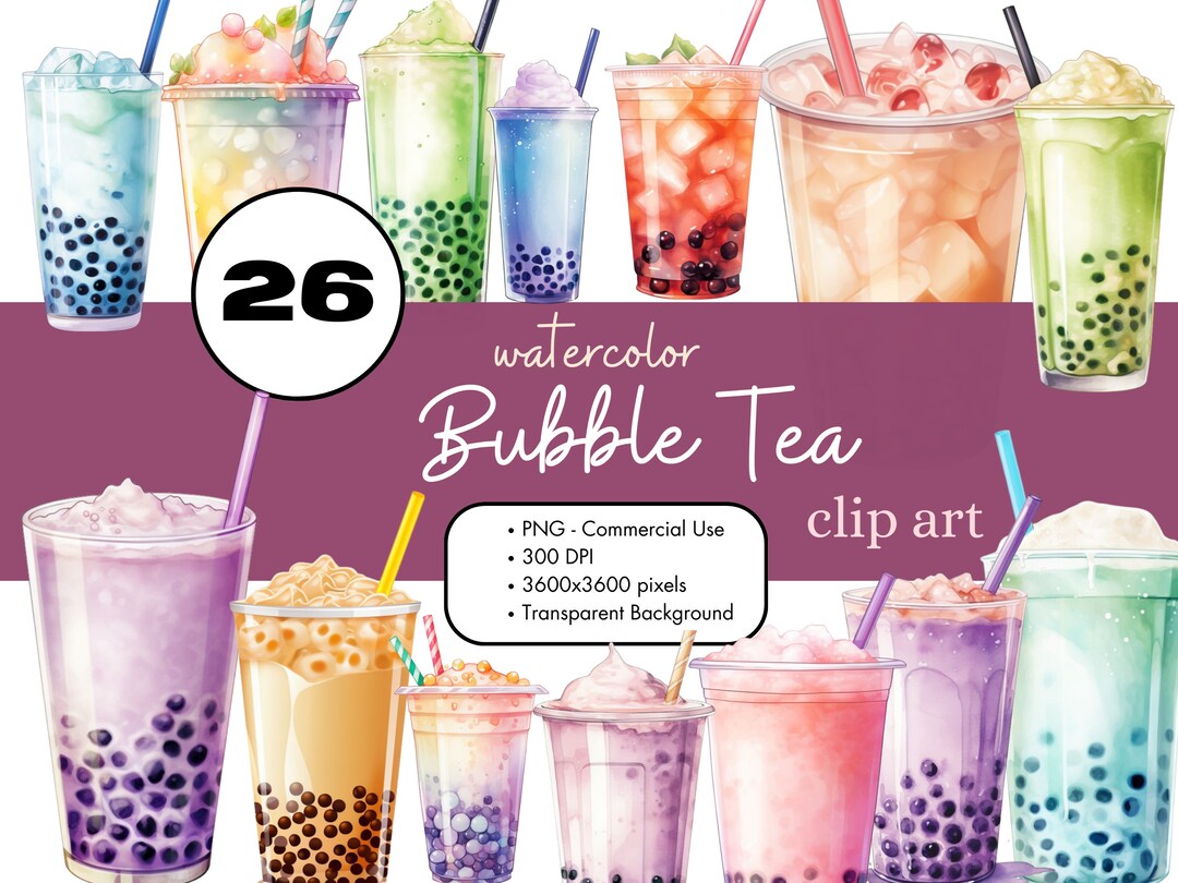 26 Bubble Tea Watercolor Clipart PNG Sublimation Bundle Commercial Use ...