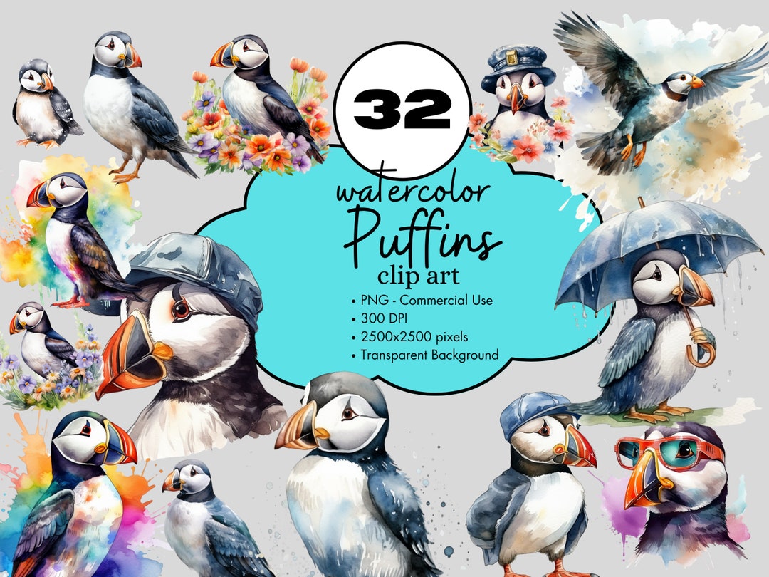 32 Puffins Watercolor Clipart Sublimation Design Elements Bundle PNG ...