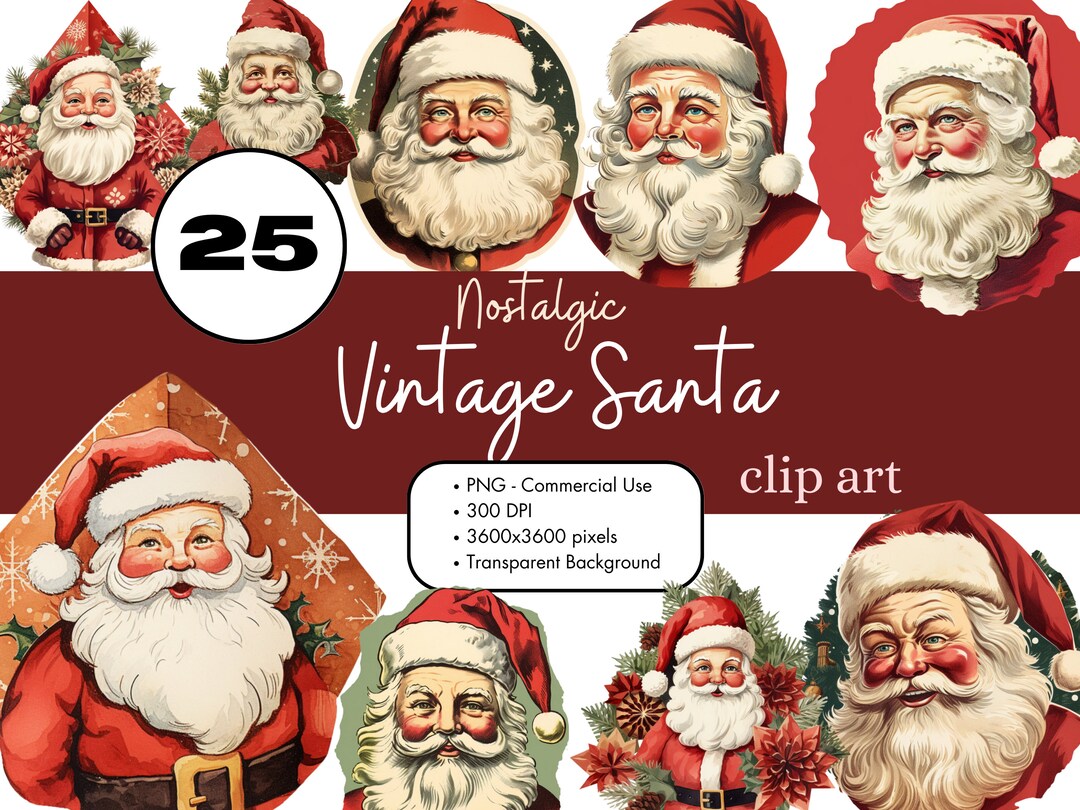 25 Vintage Nostalgic Santa Claus Holiday Clipart Sublimation Bundle PNG ...