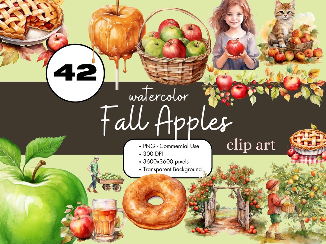 42 Fall Apples Picking Watercolor Clipart Sublimation Bundle PNG ...
