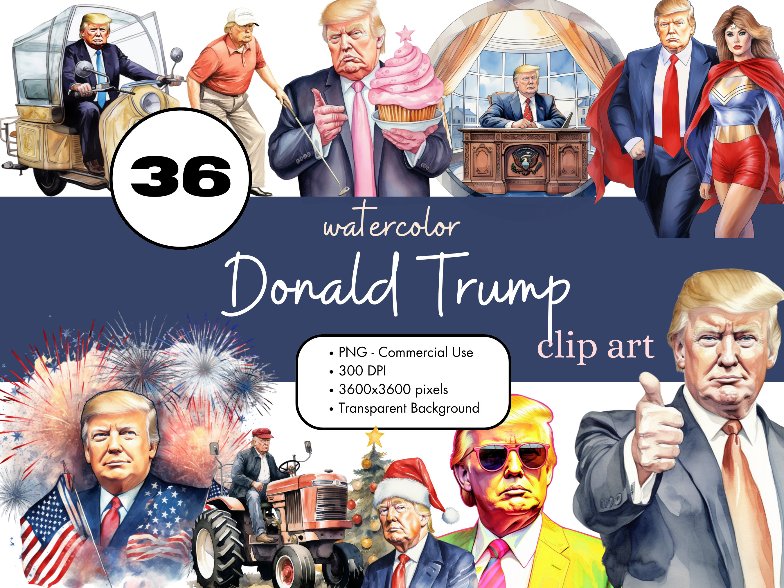 36 Donald Trump Watercolor Clipart Bundle, PNG Sublimation Bundle ...