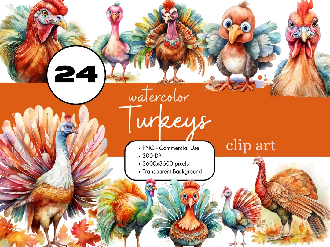 24 Thanksgiving Turkeys Watercolor Clipart Sublimation Bundle PNG ...