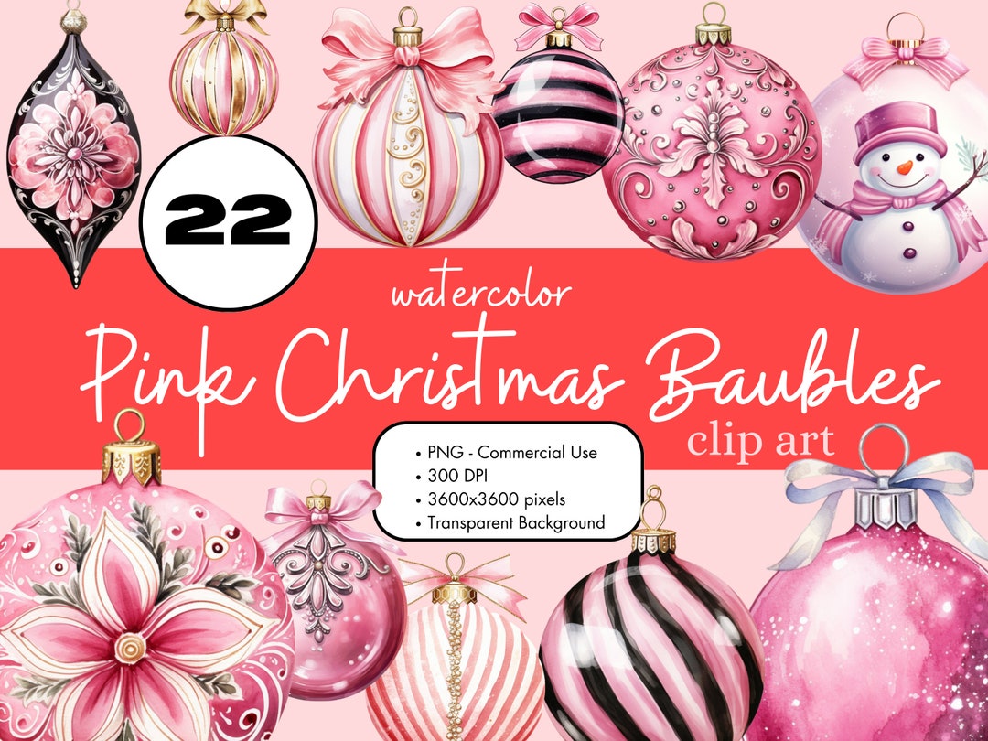22 Pink Christmas Baubles Ornaments Watercolor Clipart PNG Sublimation ...
