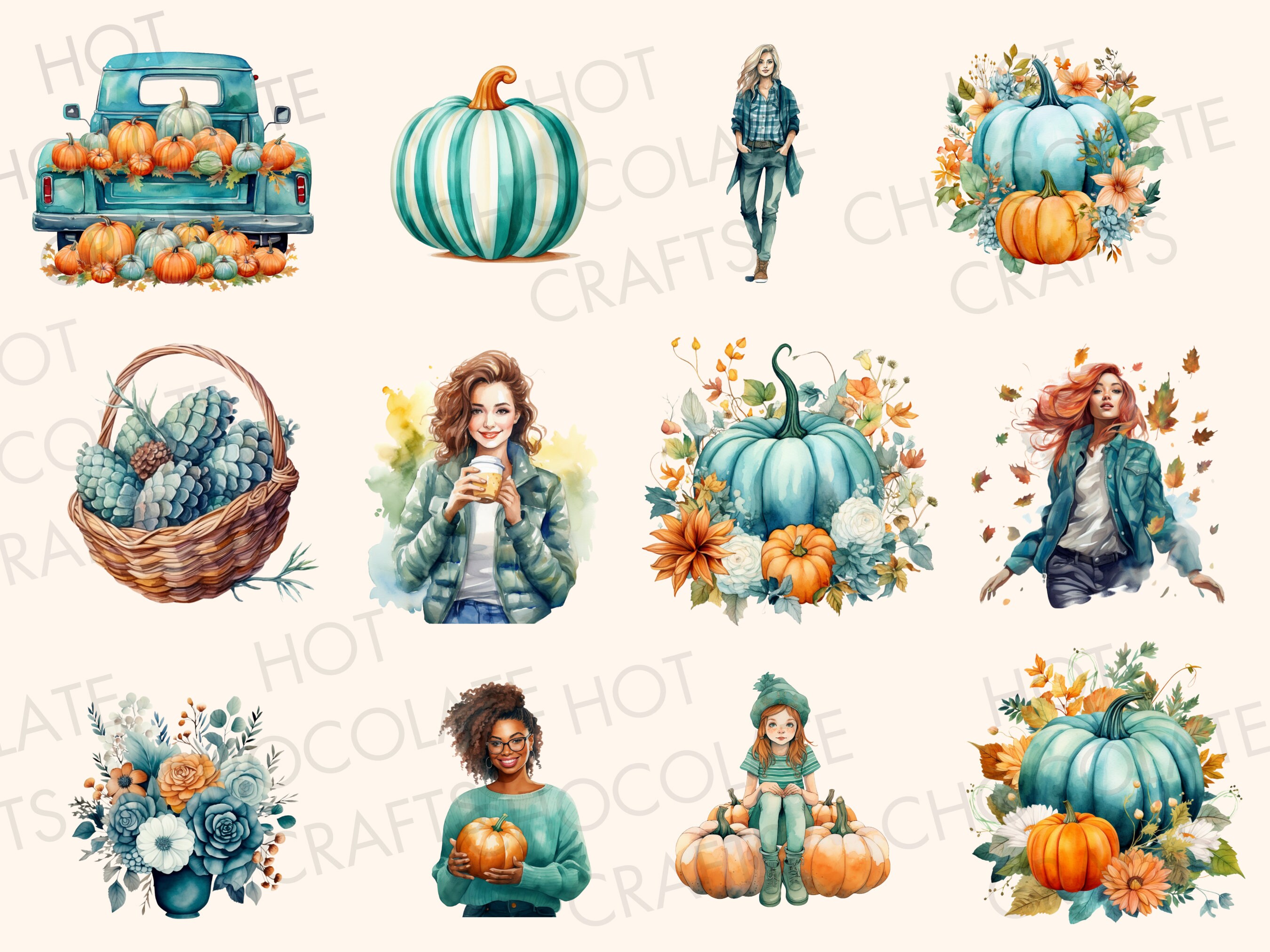 26 Teal Fall Halloween Watercolor Clipart PNG Sublimation Bundle ...