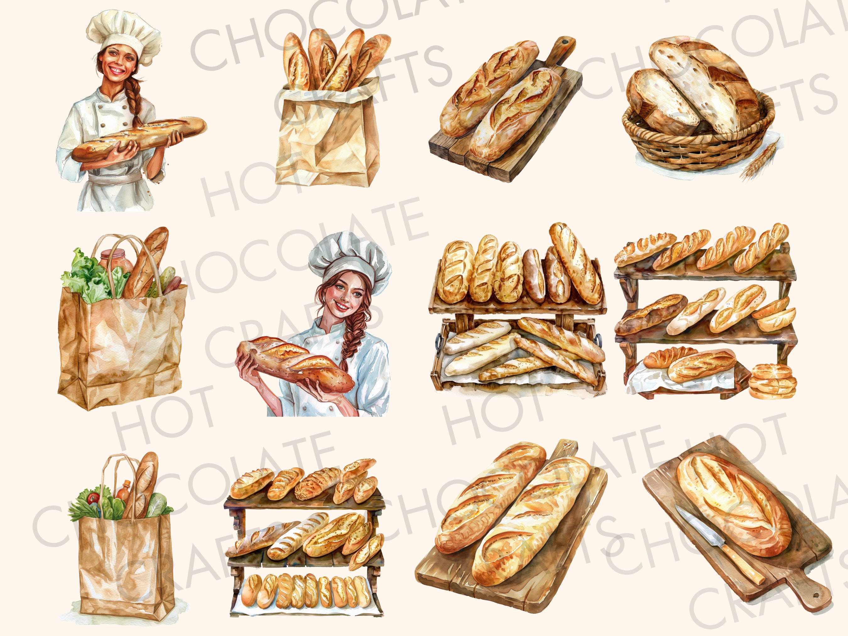 29 French Baguette Bread Watercolor Clipart PNG Sublimation Bundle ...