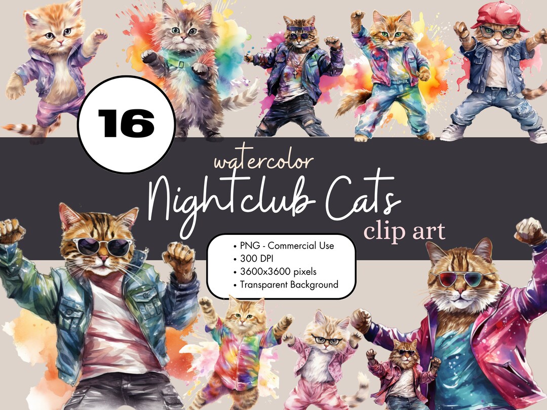 16 Clubbing Dancing Cats Watercolor Clipart Sublimation Bundle PNG ...