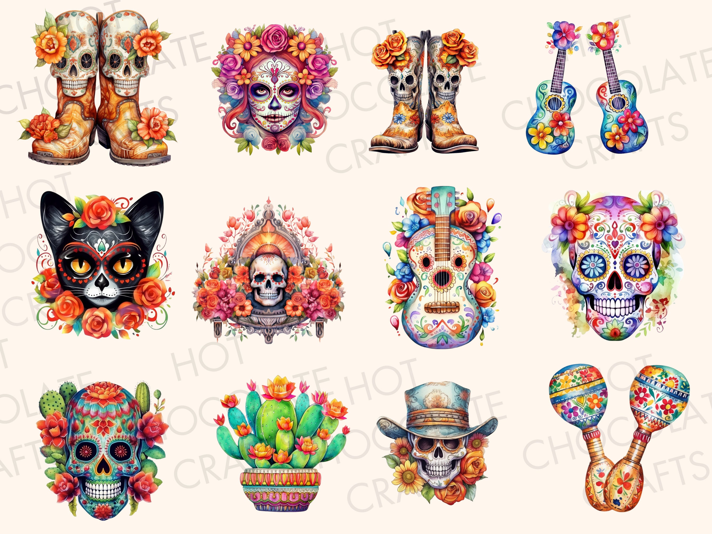 46 Day of the Dead Watercolor Clipart Sublimation Bundle PNG Commercial ...