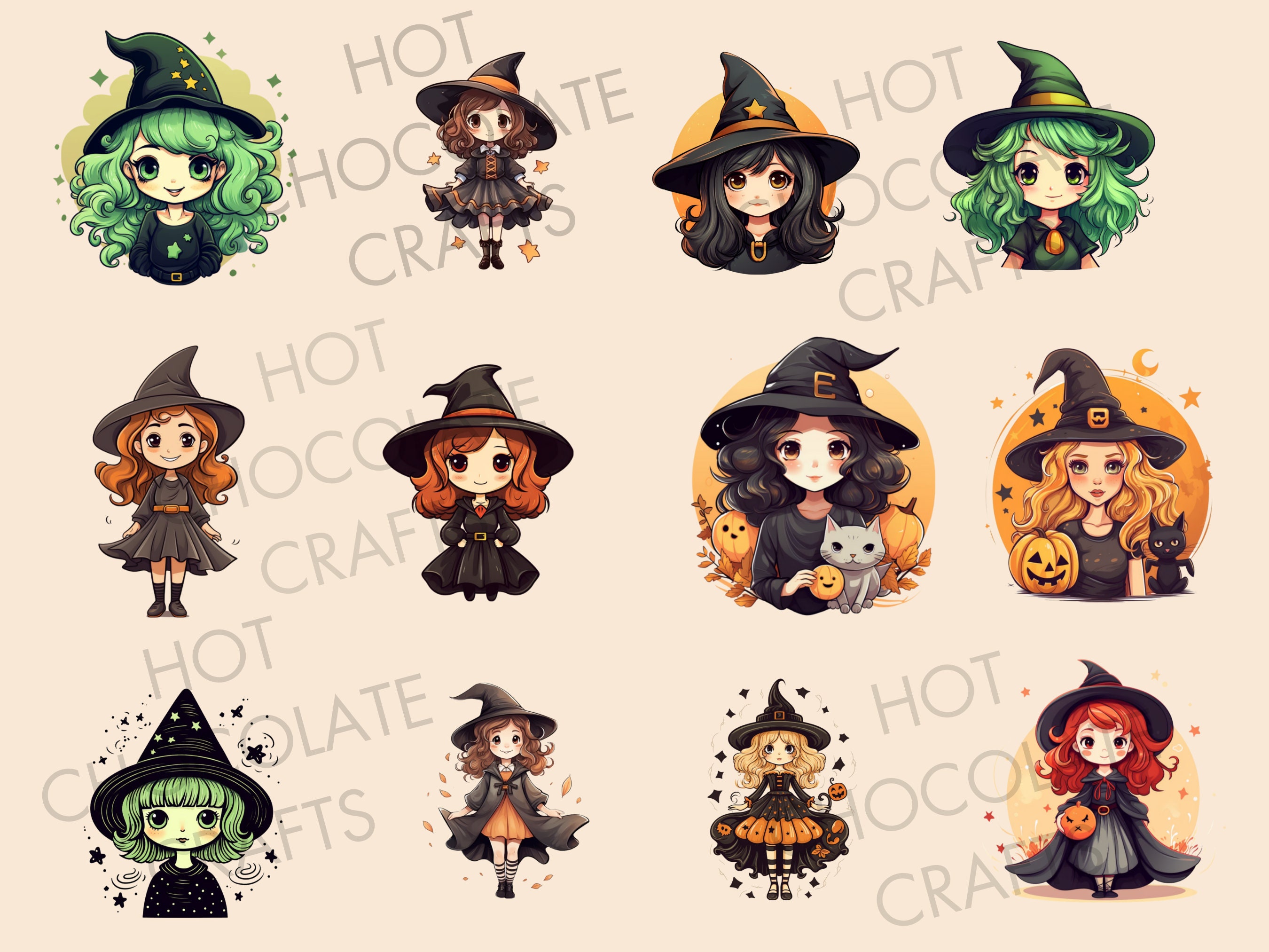 25 Cute Halloween Witches Clipart PNG Sublimation Bundle Commercial Use ...