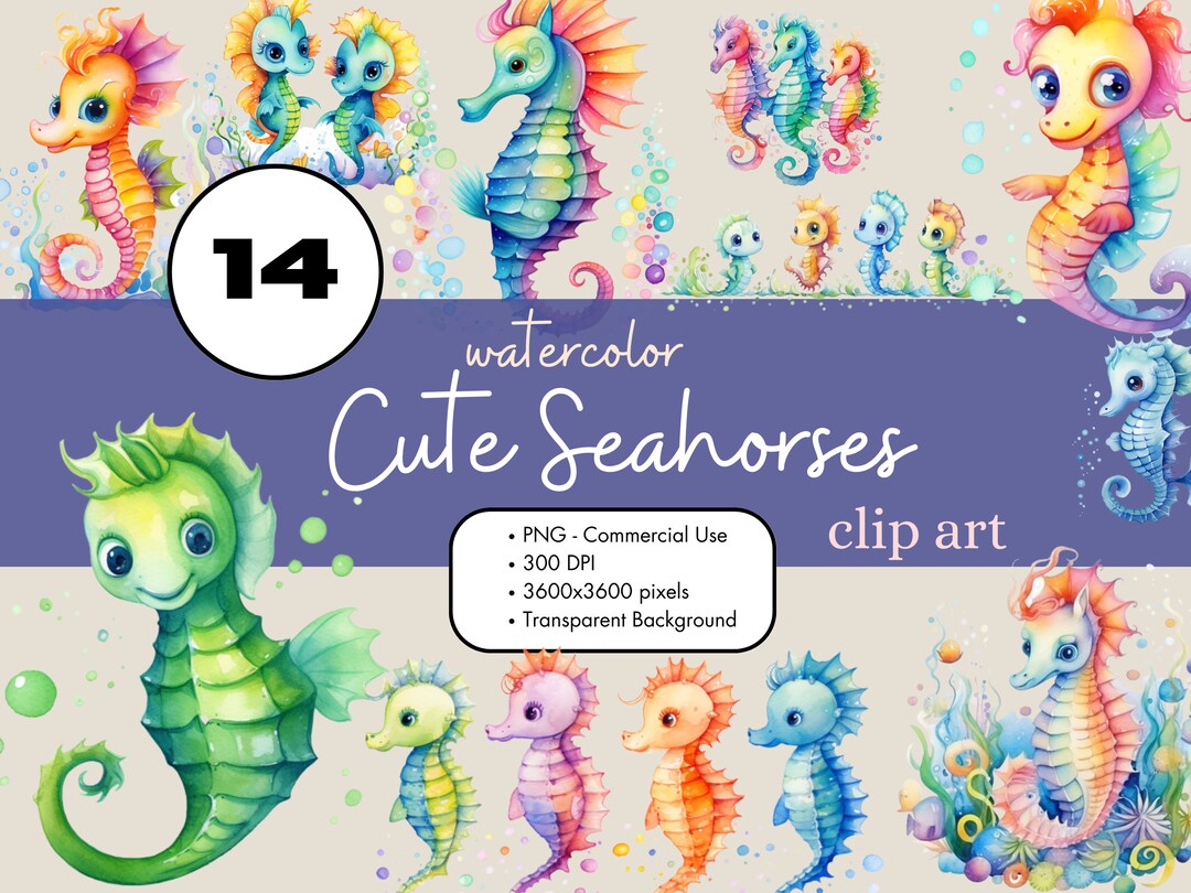 14 Cute Seahorses Watercolor Clipart PNG Sublimation Bundle Commercial ...