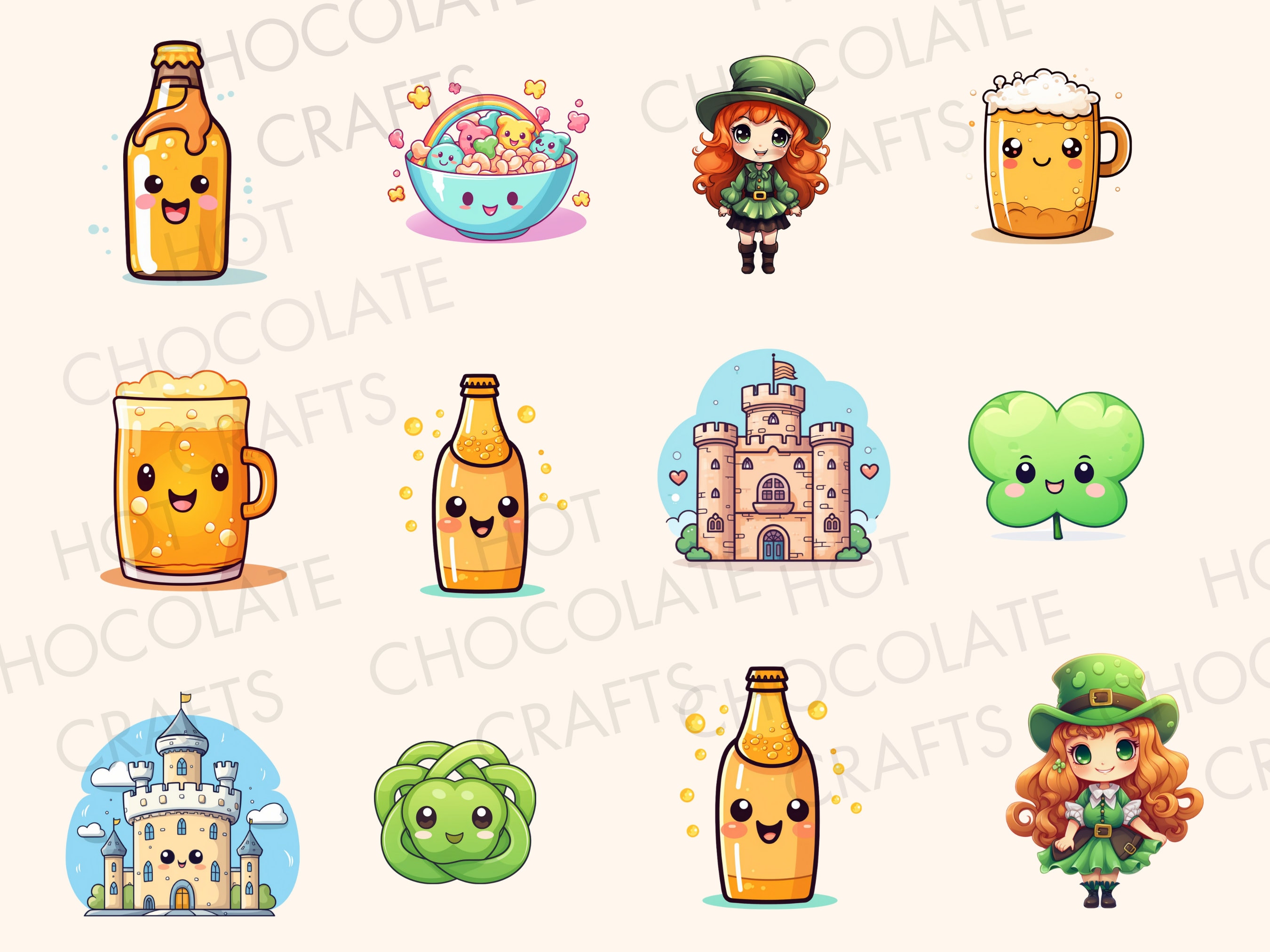 28 Kawaii St. Patrick's Day Watercolor Clipart Sublimation Bundle PNG ...