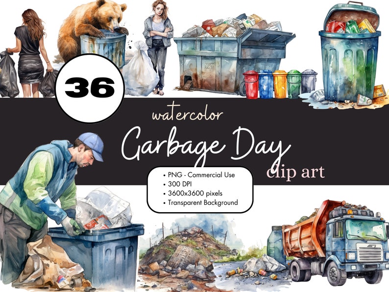 36 Garbage Trash Watercolor Clipart PNG Sublimation Bundle Commercial ...
