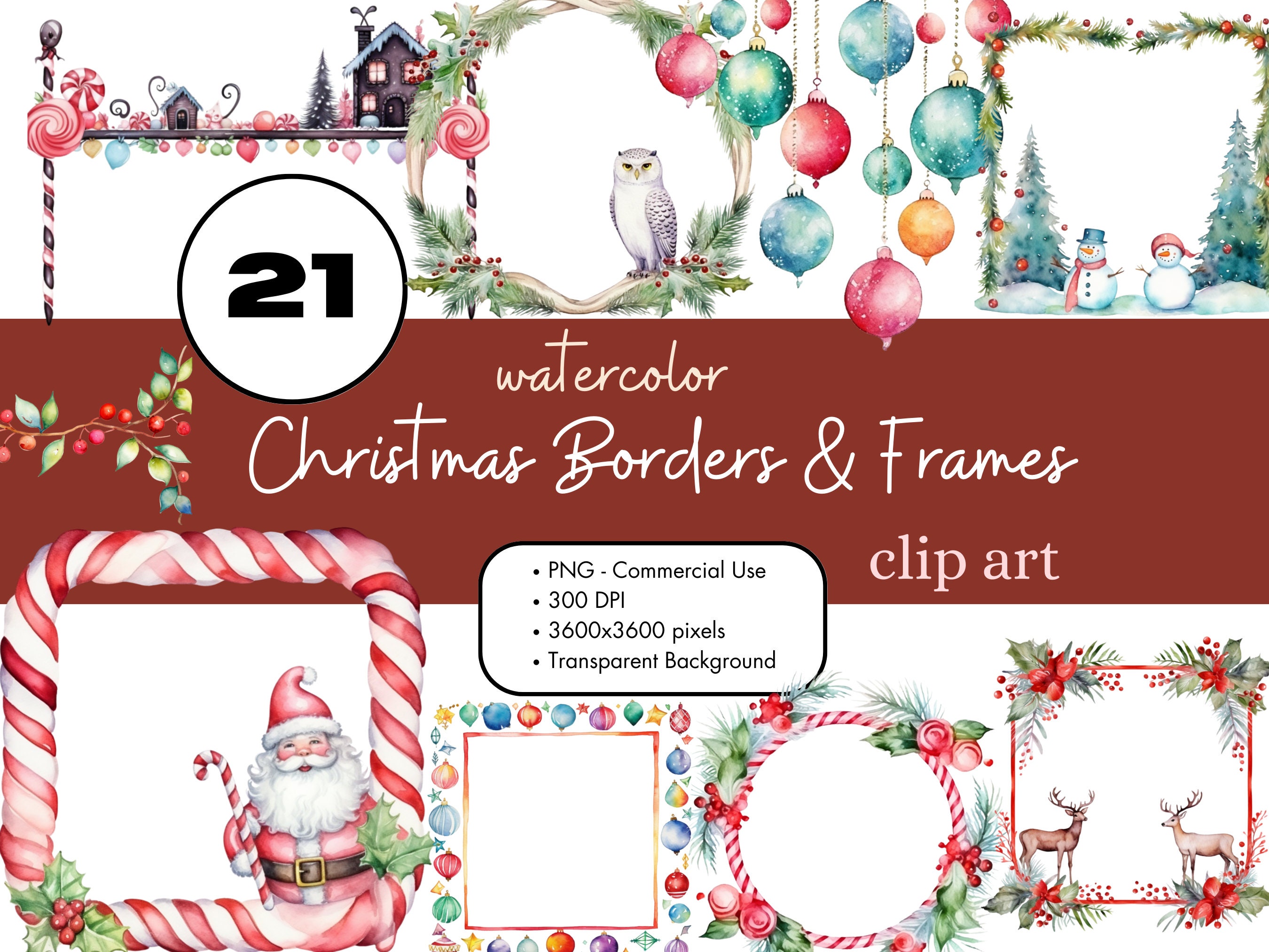 21 Christmas Borders Frames Watercolor Clipart Sublimation Bundle PNG ...
