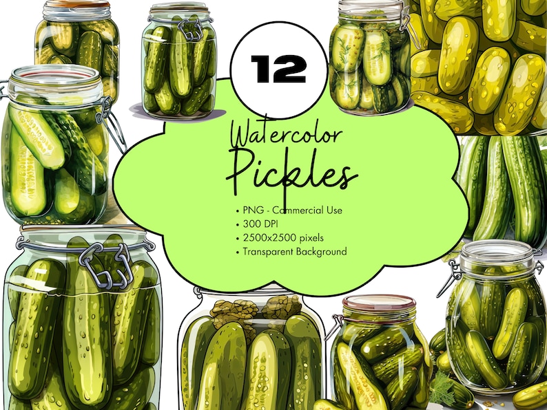 12 Pickles Watercolor Clipart Canning Sublimation Design Elements ...